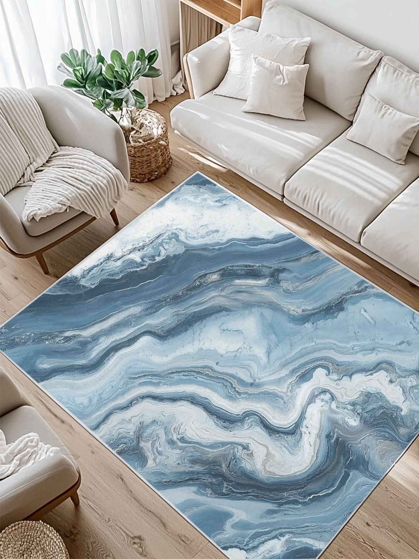 Marble Texture Area Rug for Bedroom 2.7x5 Ft Abstract Light Blue White ...