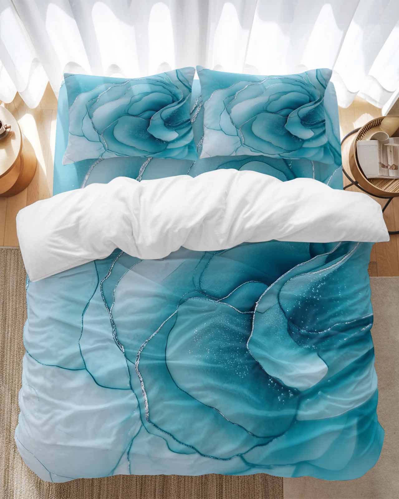 Marble Texture Bedding Duvet Cover Set King Size 4 Pieces Light Blue ...