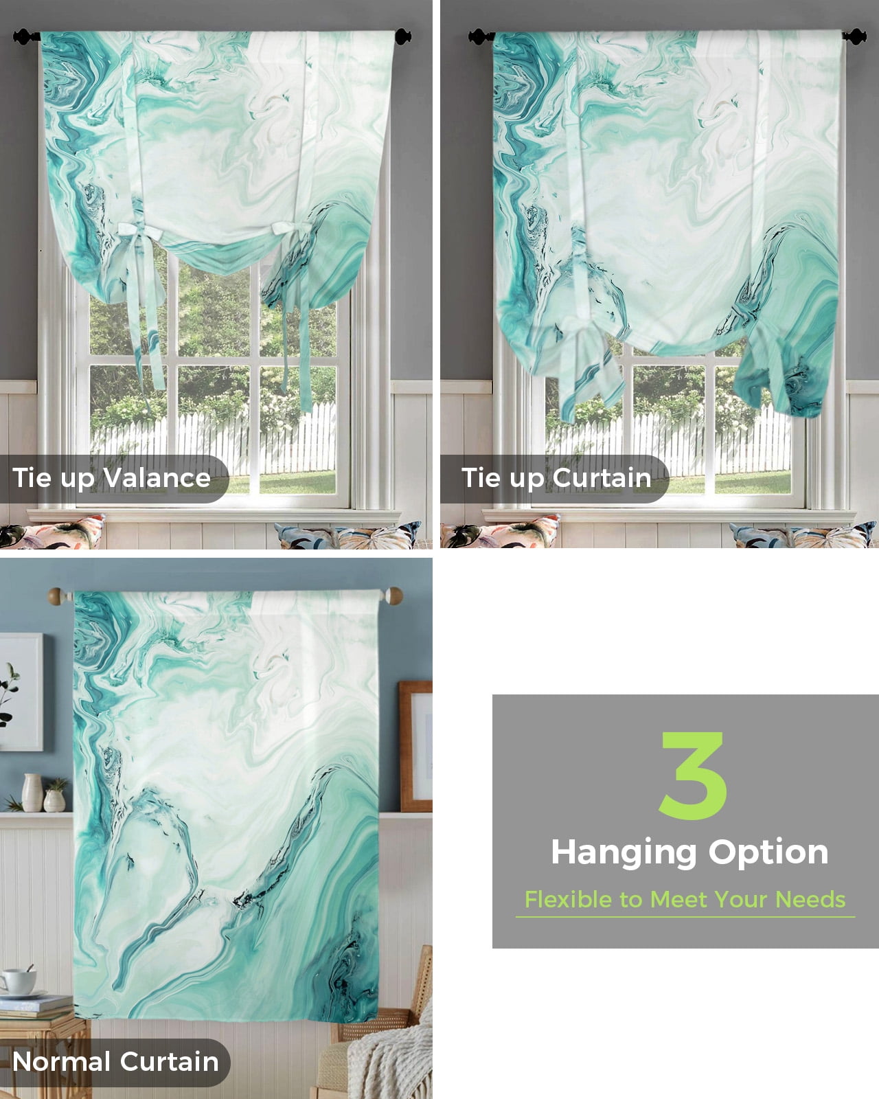 Marble Texture Blue Curtains for Living Room Bedroom Modern Tie Up ...