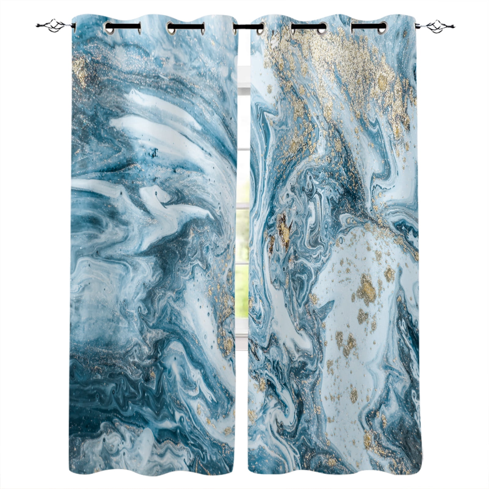 Marble Texture Blue Golden Metal Art Wave Window Curtains for Living ...