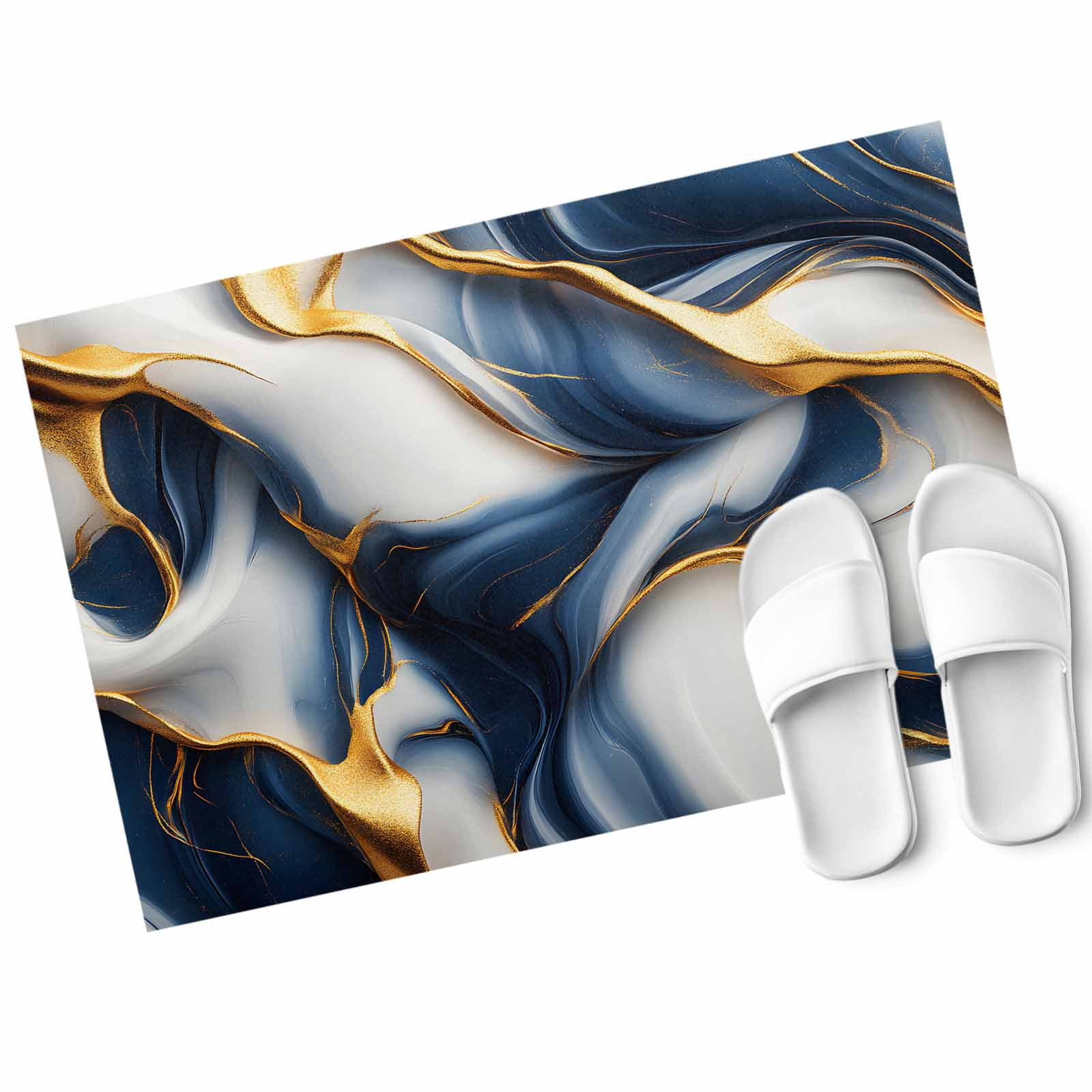Marble Texture Door Mat Modern Golden Blue Fluid Art Non Slip Absorbent ...