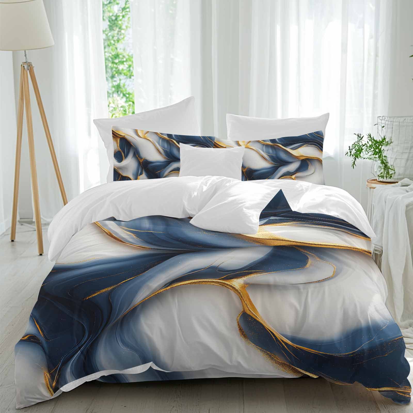 Marble Texture Duvet Cover Set Queen Size Modern Golden Blue Fluid Art ...