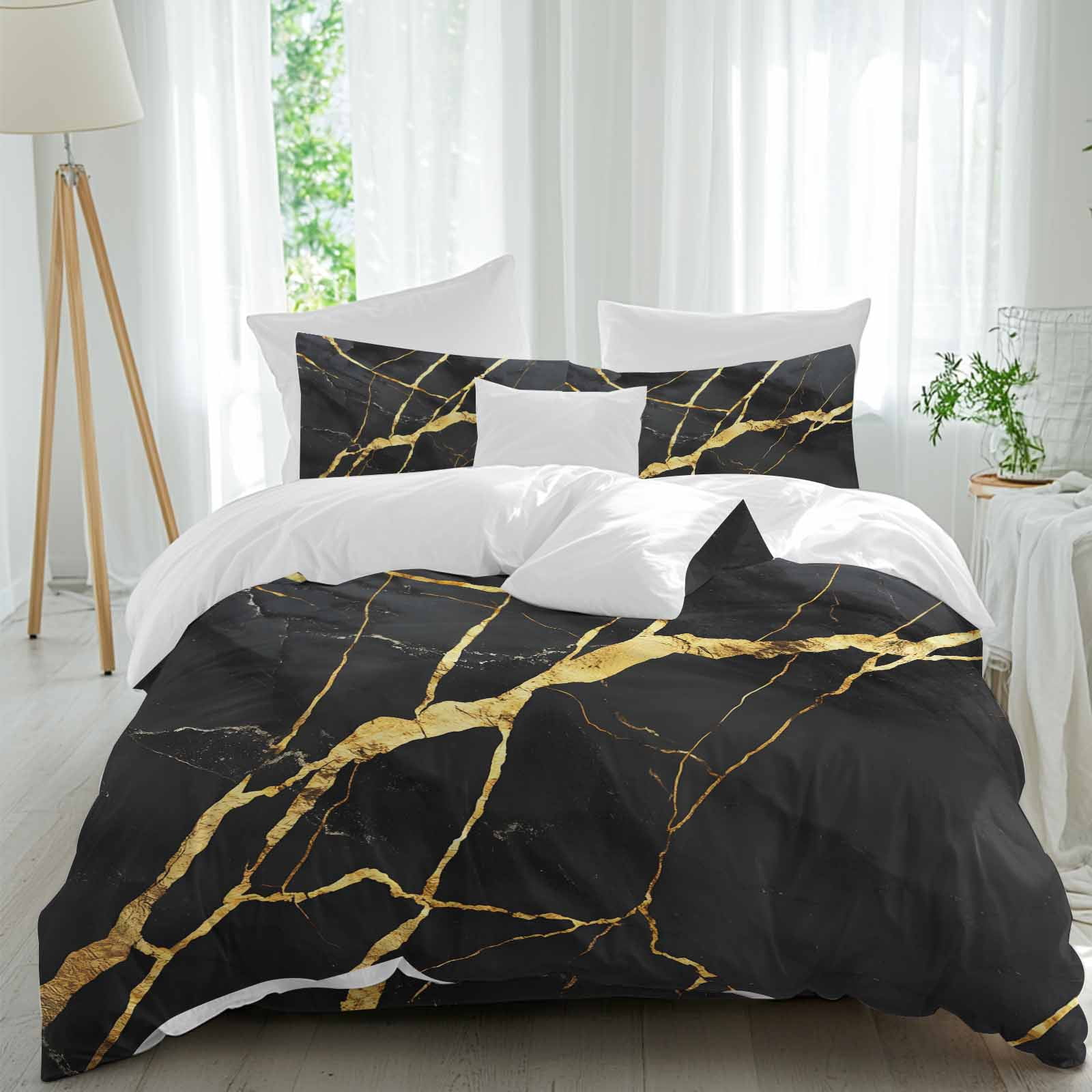 Marble Texture Duvet Cover Set Twin Size Modern Black Golden Ripple ...