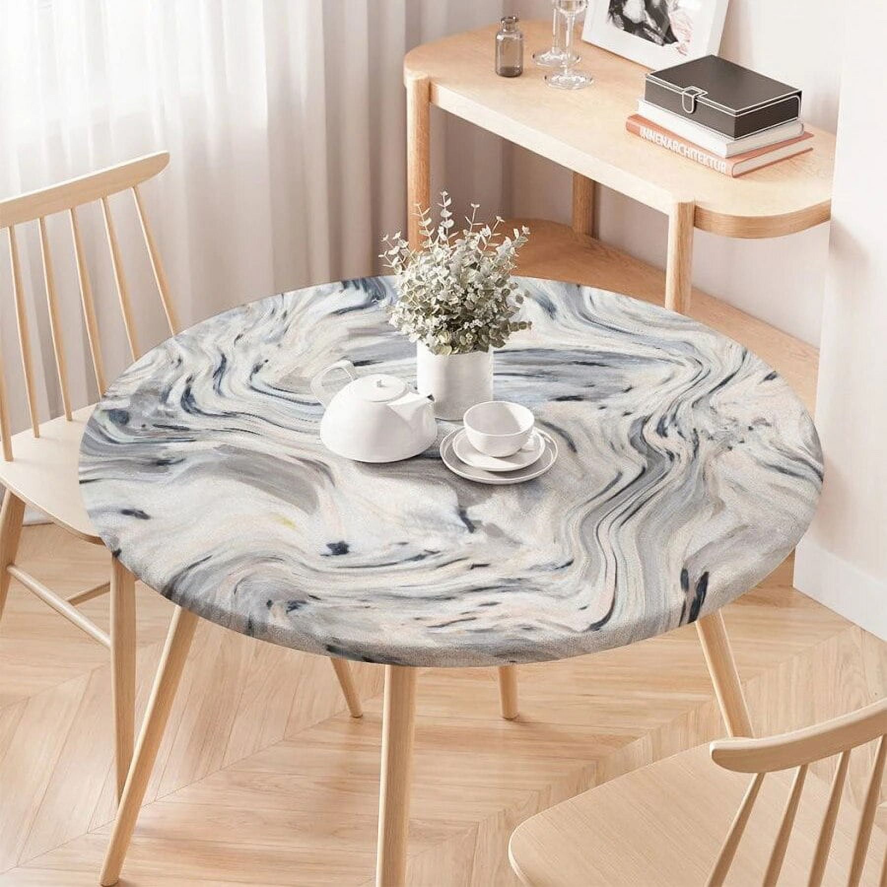 Marble Texture Fitted Round Tablecloth Waterproof Table Covers Elastic ...