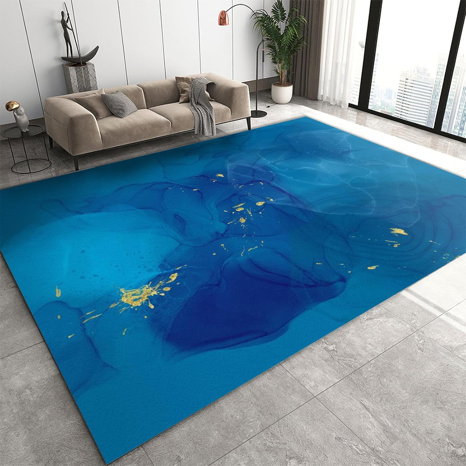 Marble Texture Gold Leaf Navy Blue Rug ，Modern Minimalism Gradient Blue ...