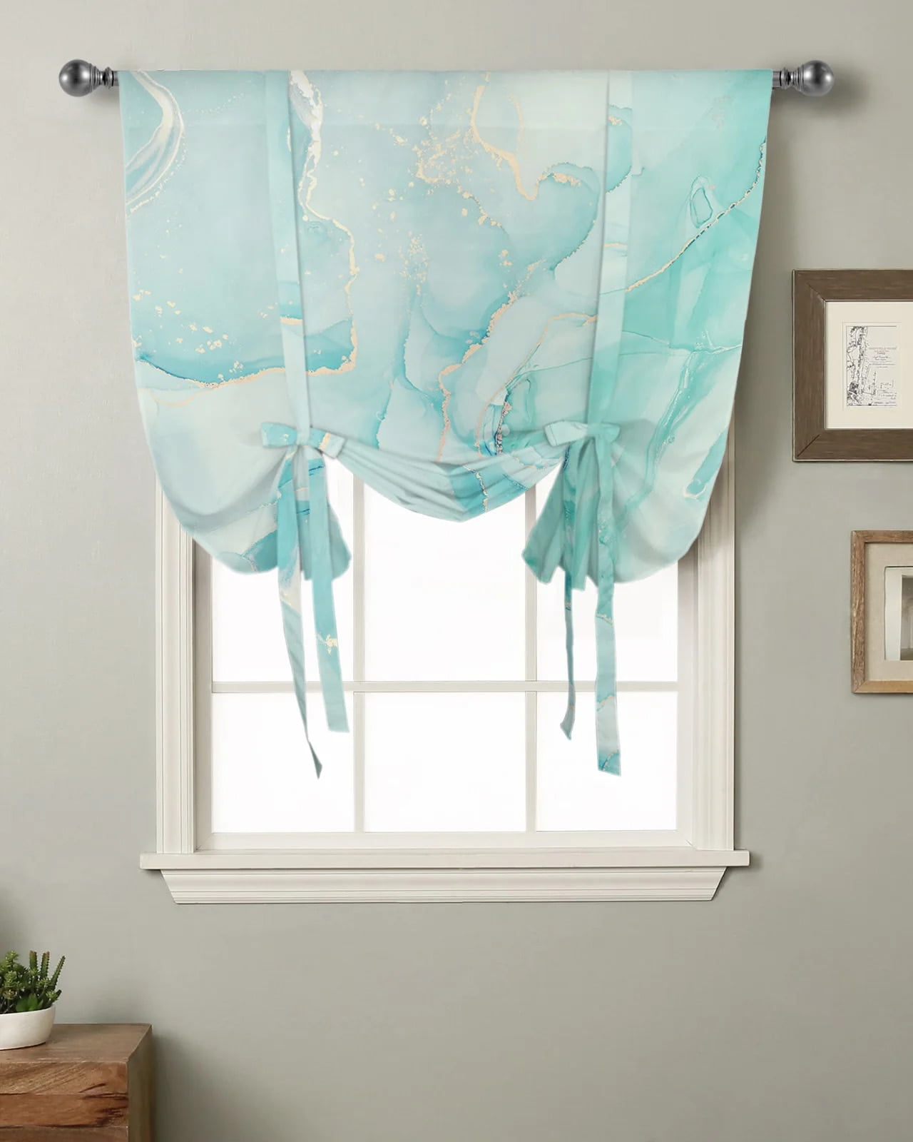 Marble Texture Gradient Aqua Kitchen Short Window Curtain Rod Pocket ...
