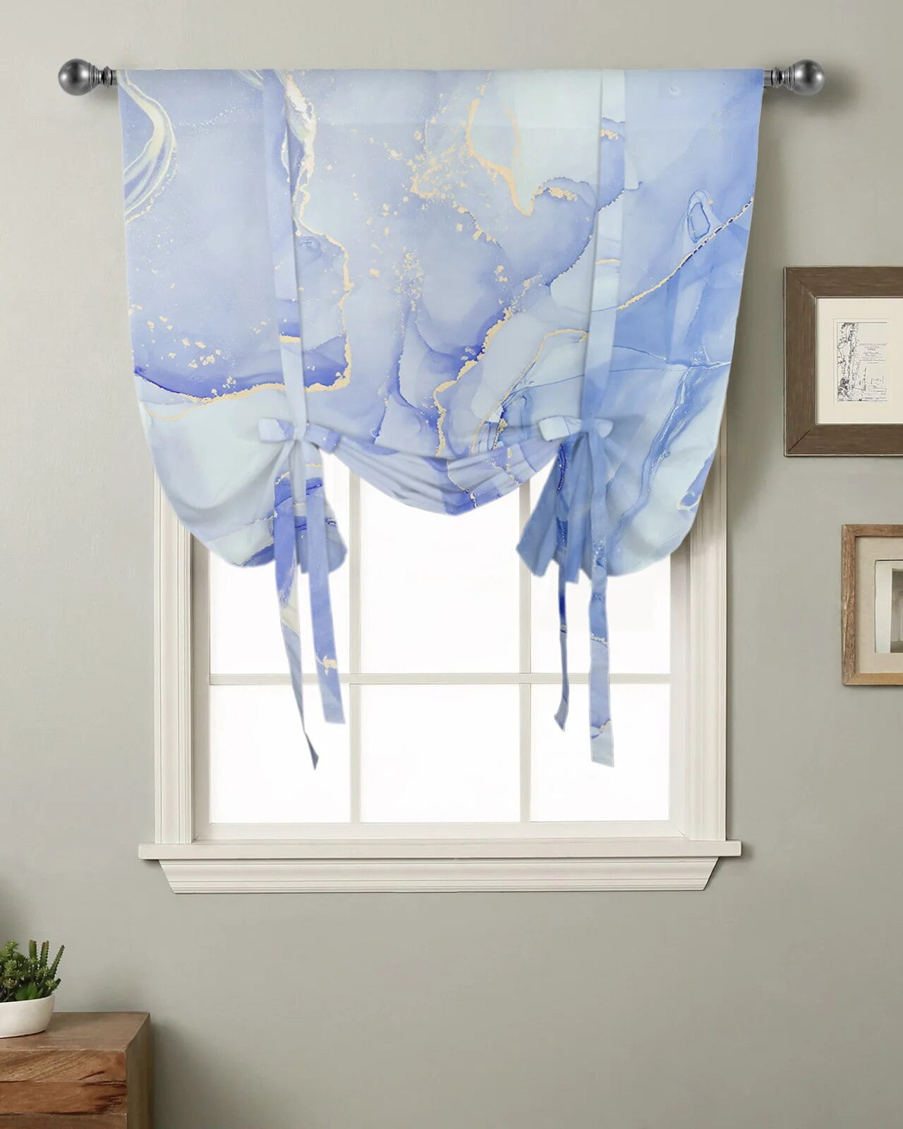 Marble Texture Gradient Blue Kitchen Short Window Curtain Rod Pocket ...