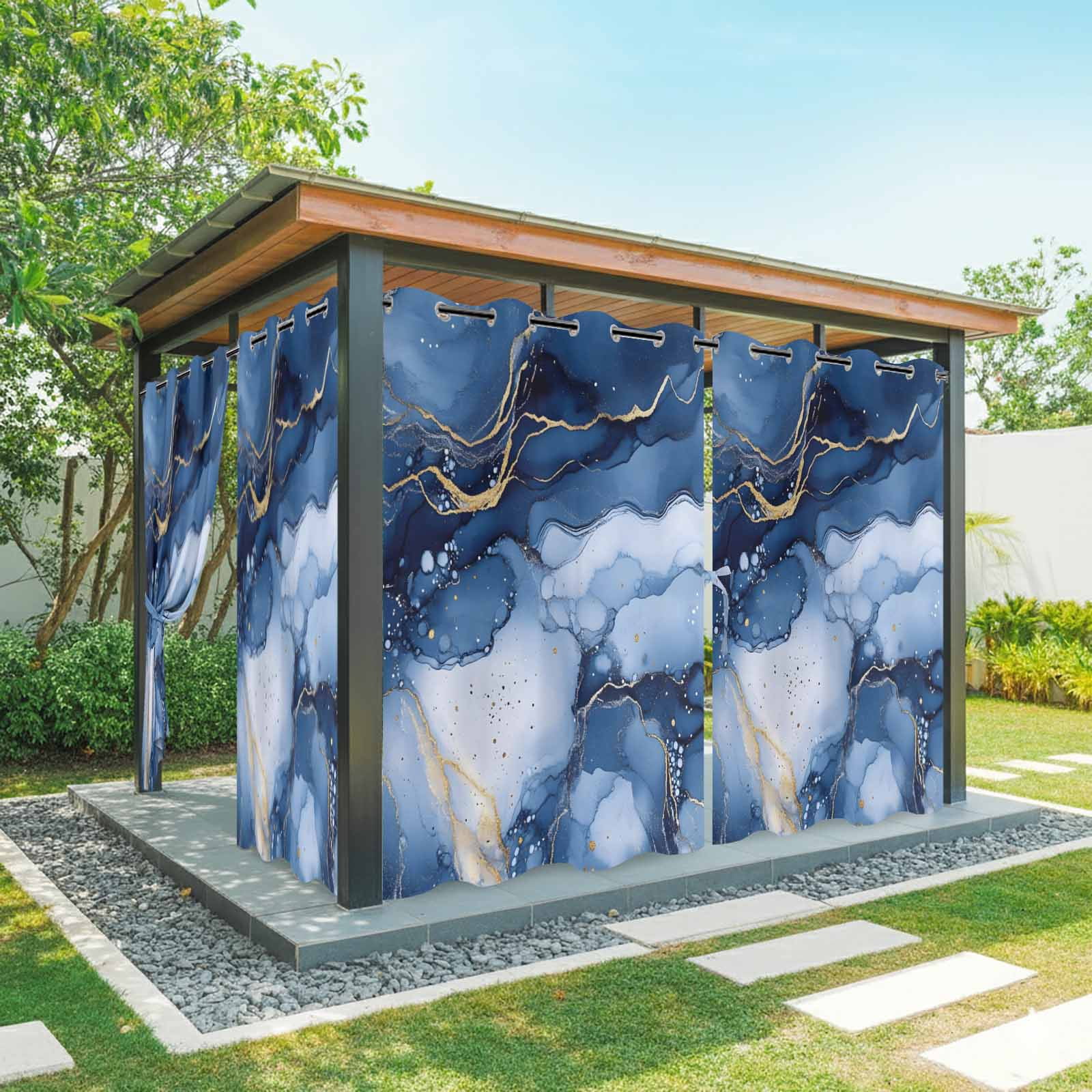 Marble Texture Gradient Outdoor Curtains for Patio Waterproof, Blue ...