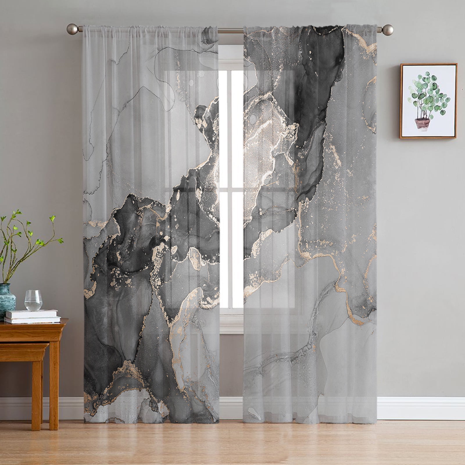 Marble Texture Gray Printed Curtains Drape Sheer Tulle Home ration ...