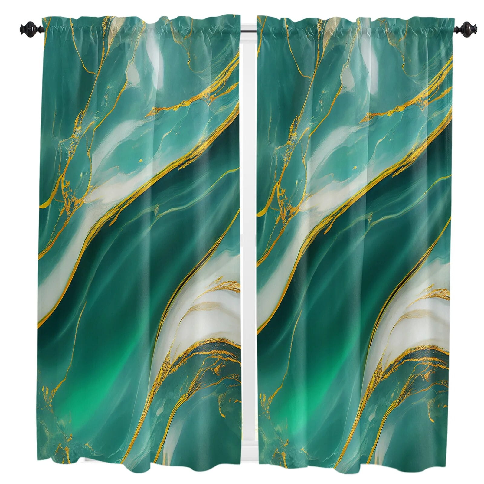 Marble Texture Green Small Curtain Rod Pocket Short Curtains Half ...