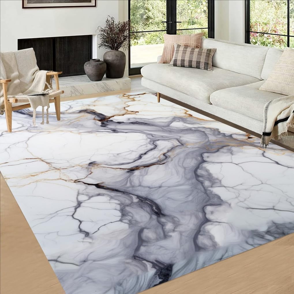 Marble Texture Ivory Grey Modern Rug For Living Room Bedroom Diningroom ...