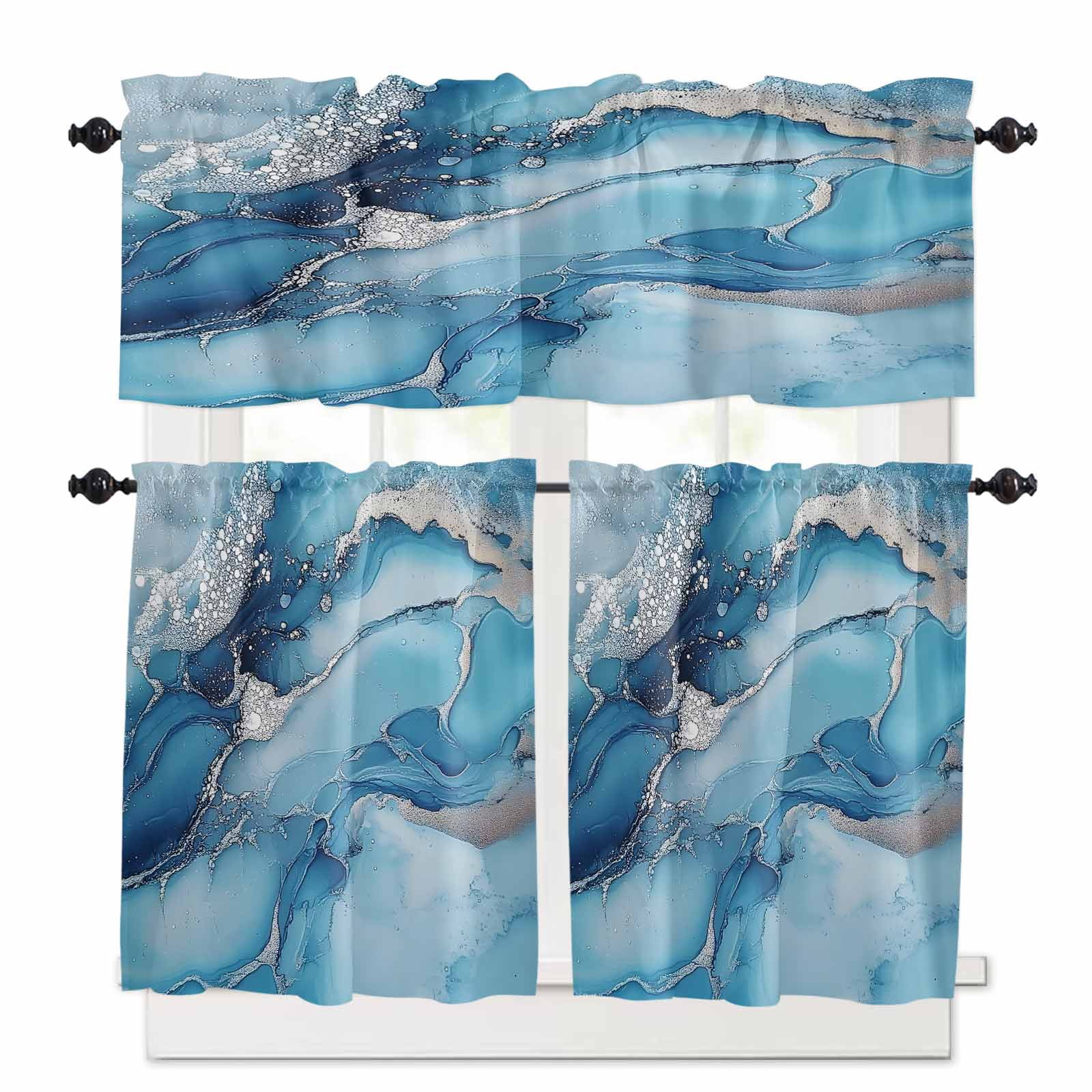 Marble Texture Kitchen Curtains and Valances Set, Blue Sliver Shinny ...