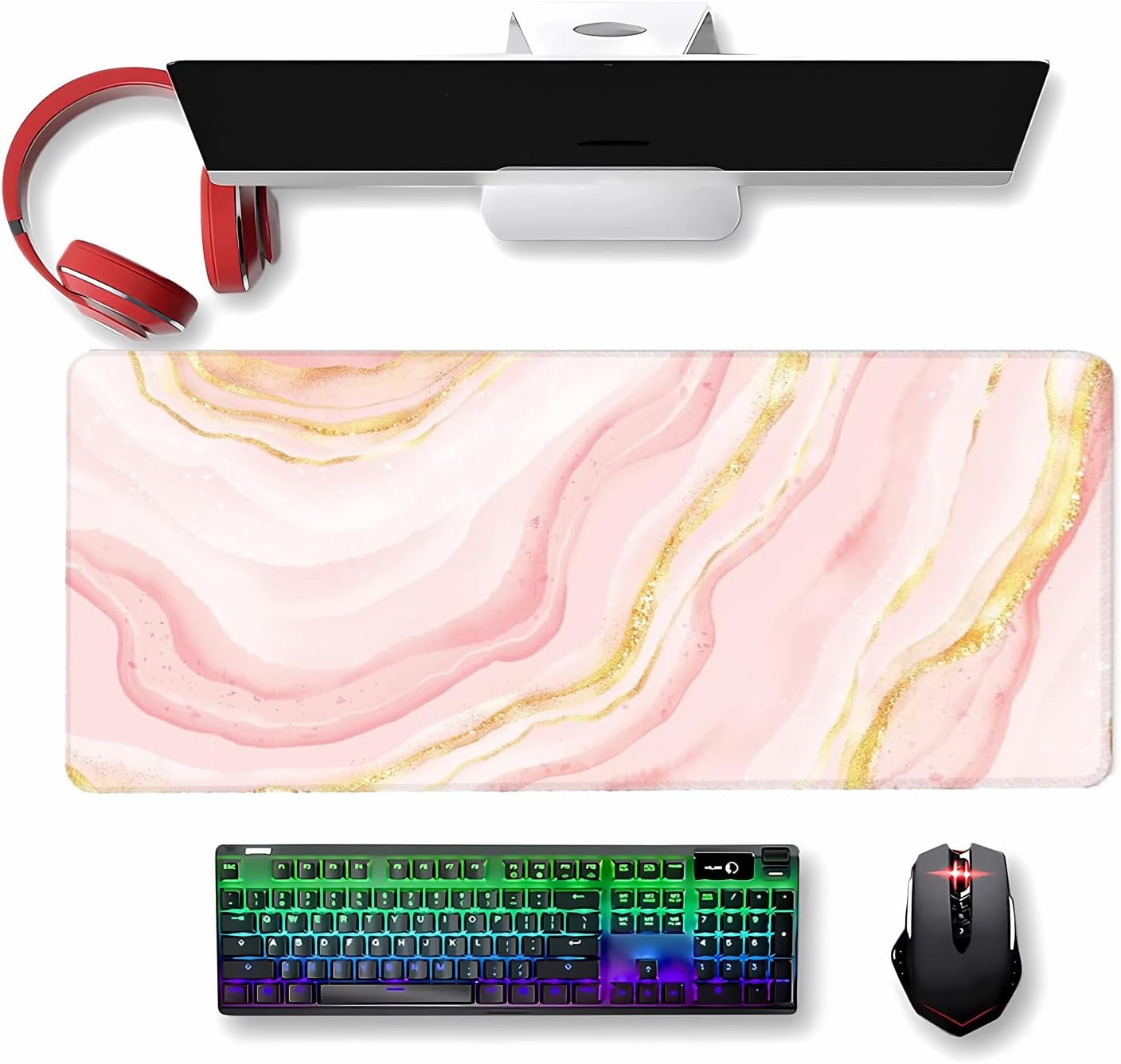 Marble Texture Mouse Pad Pink and Golden XXL Extended Gaming Mouse Mat ...
