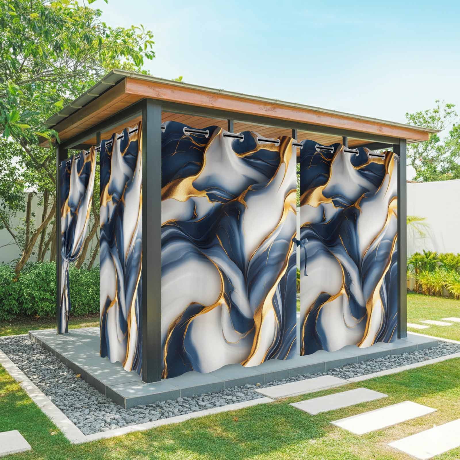 Marble Texture Outdoor Curtains for Patio Waterproof, Modern Golden ...