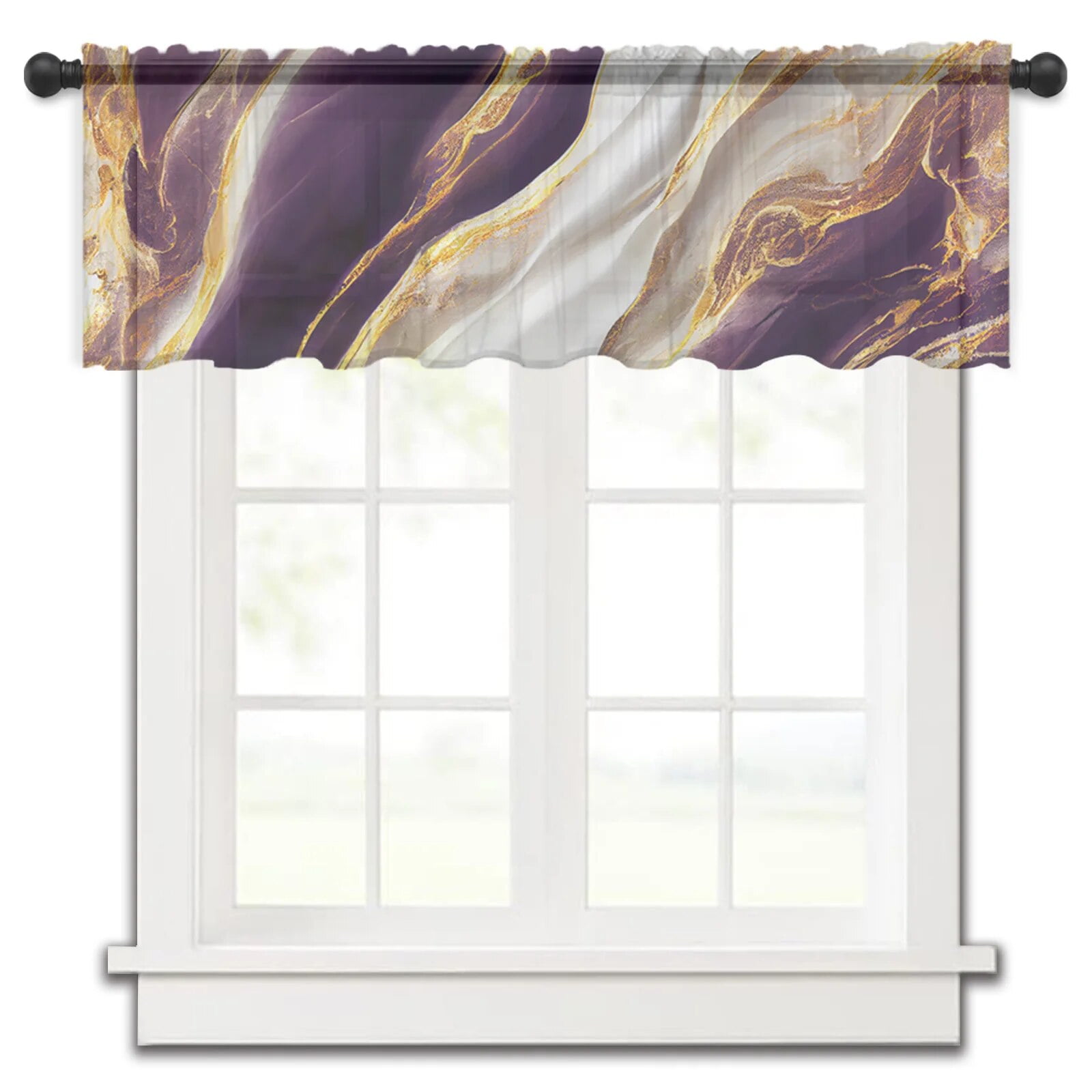 Marble Texture Purple Short Tulle Curtains Bedroom Voile Sheer Half ...