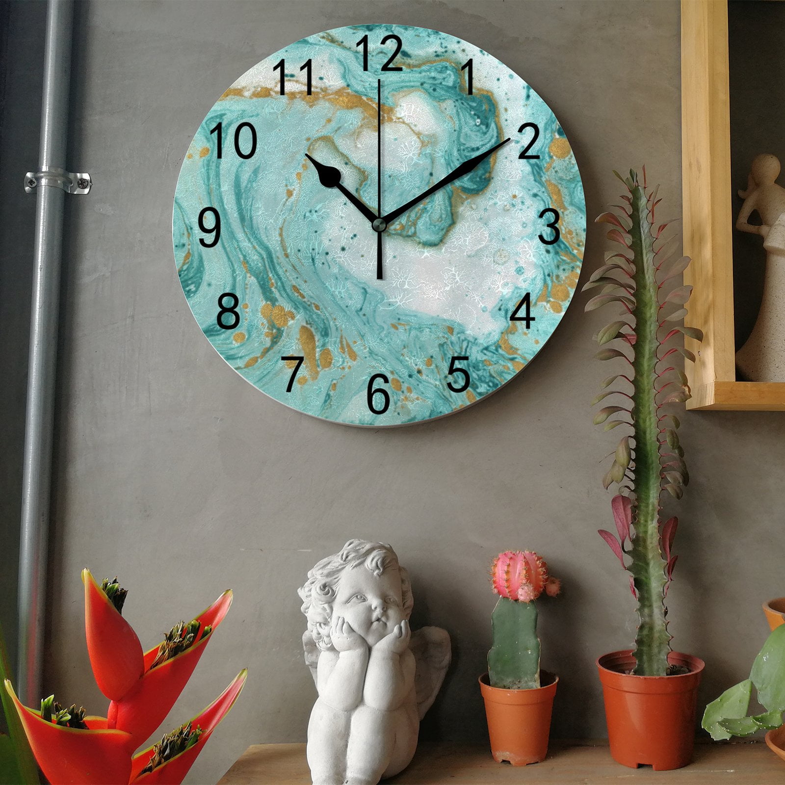 Marble Texture Round Wall Clock 10 Inch, Silent Non Ticking Wall Clocks ...