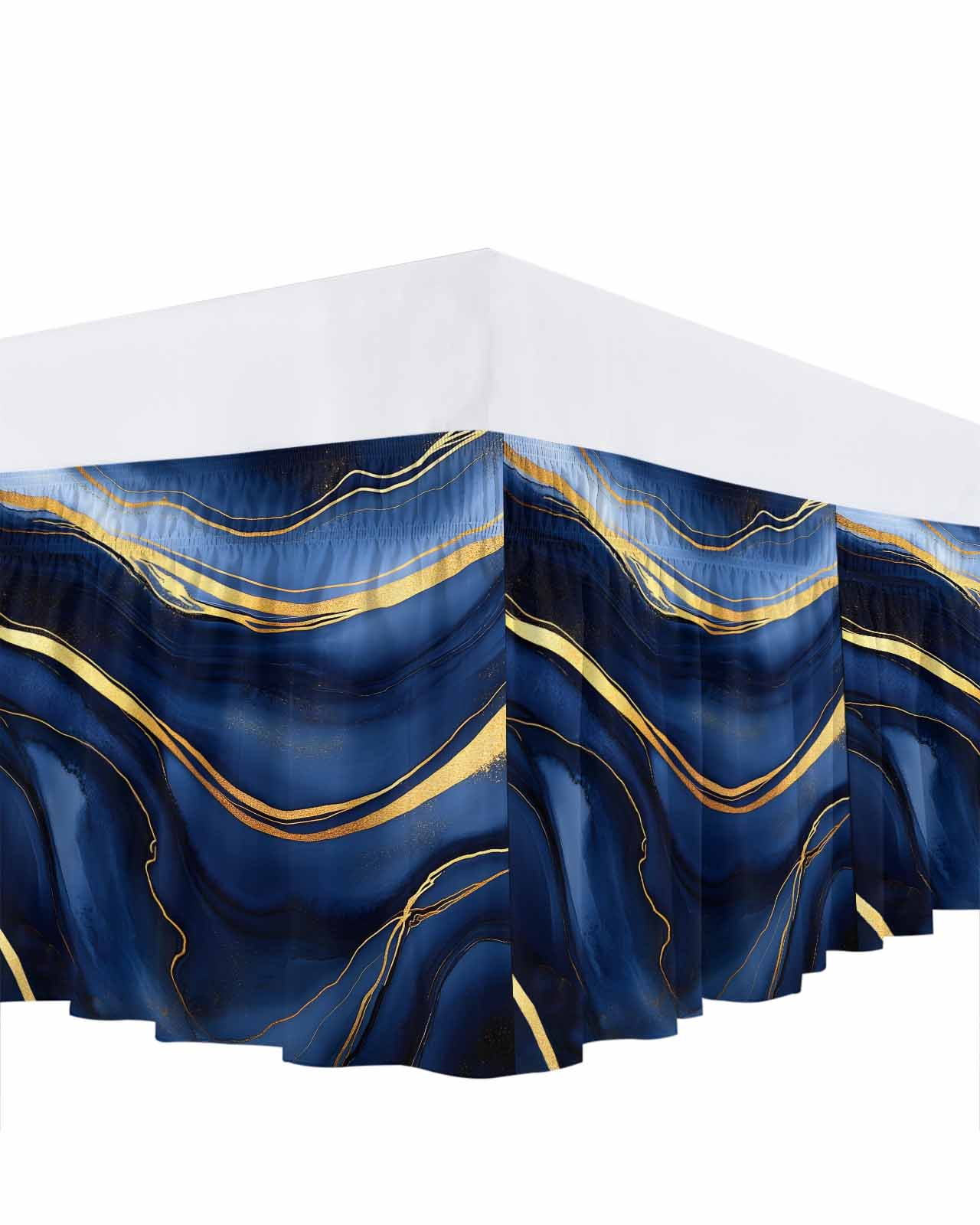 Marble Texture Ruffle Bed Skirt California King Size Modern Blue Golden ...