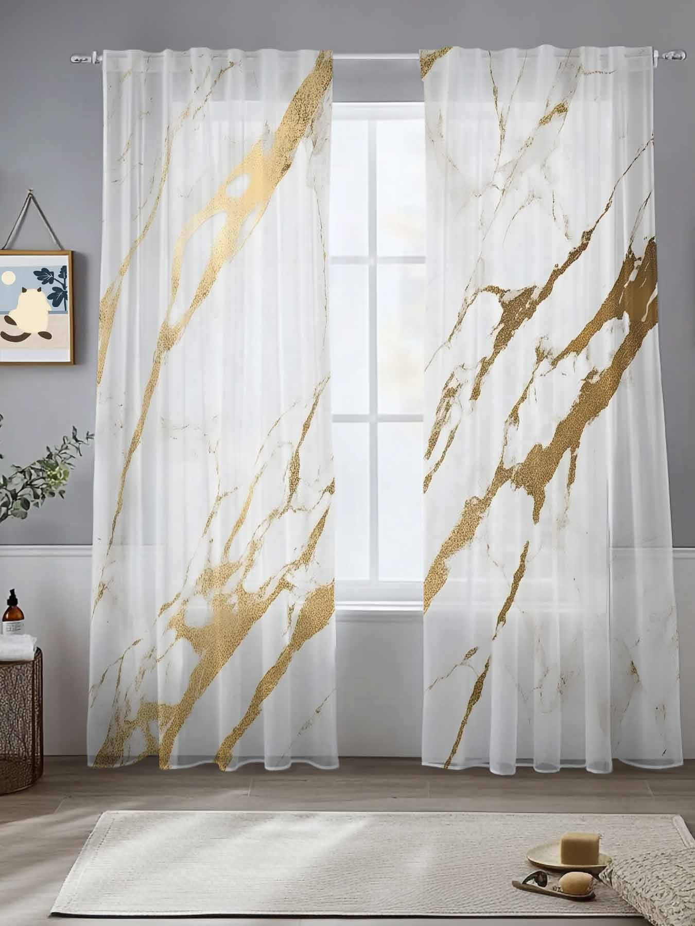 Marble Texture Sheer Curtains 108 Inches Long 2 Panels White Gold Crack ...