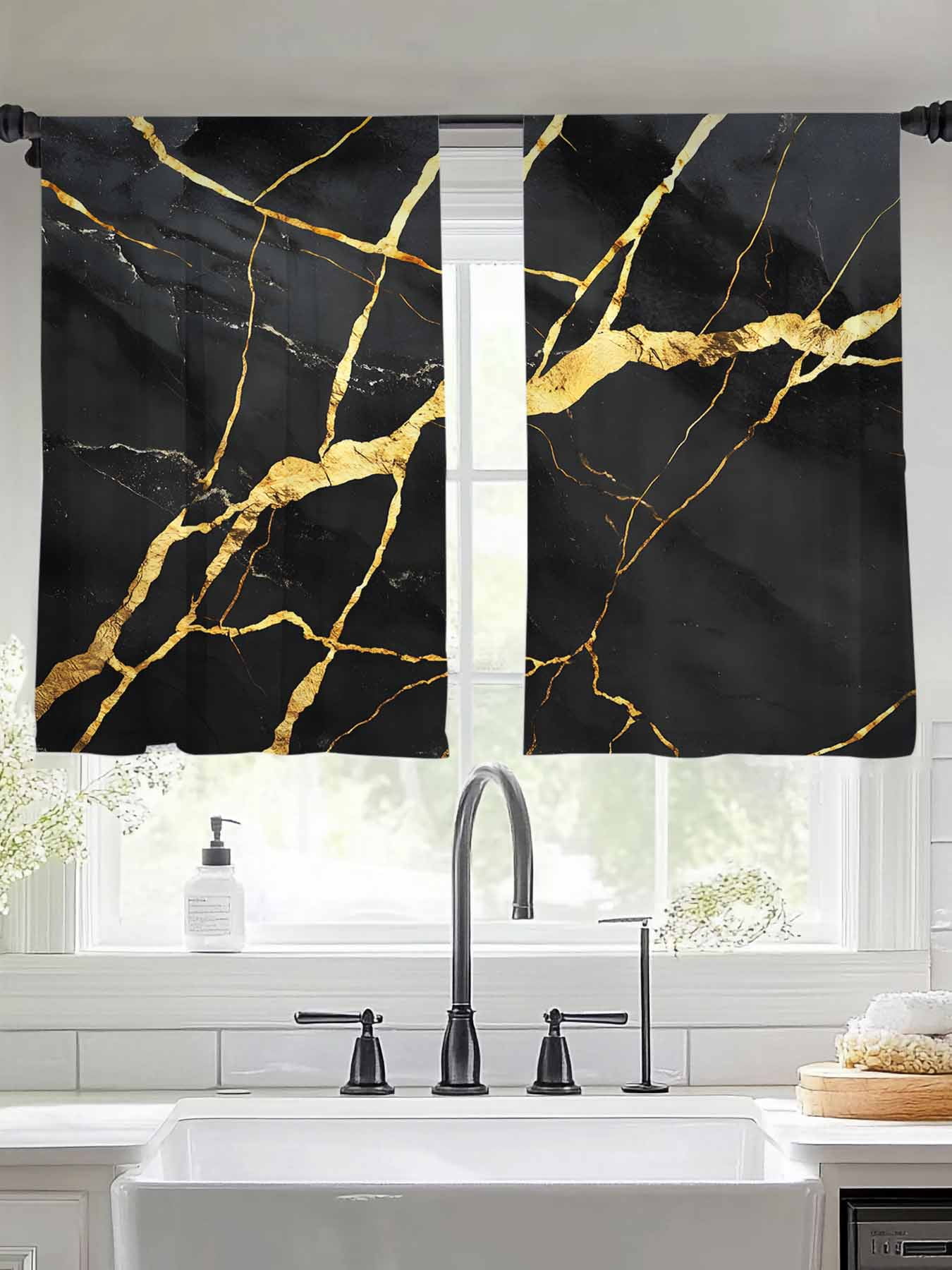 Marble Texture Sheer Curtains 45 Inches Long 2 Panels Modern Black ...