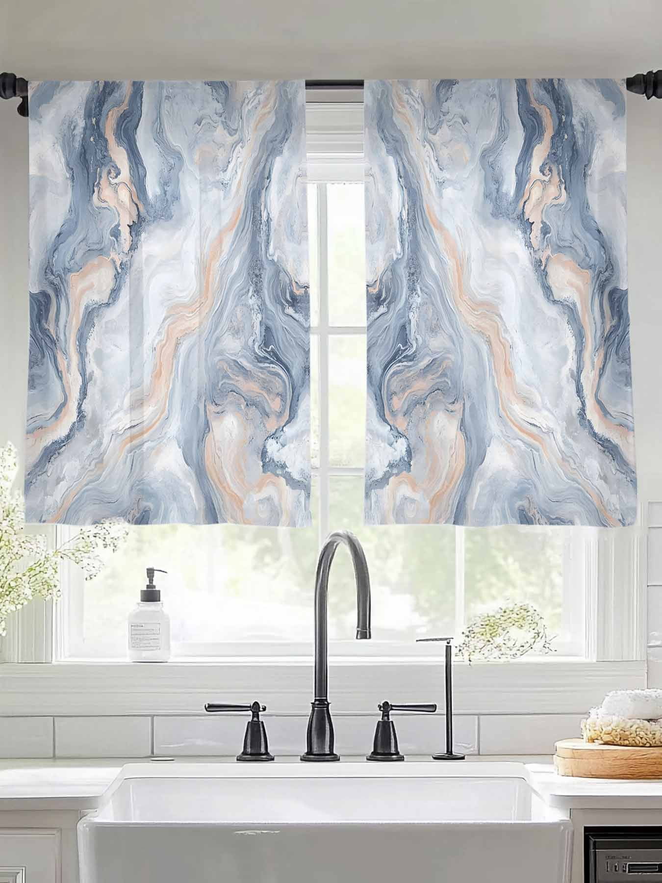 Marble Texture Sheer Curtains 54 Inches Long 2 Panels Elegant Gray Blue ...
