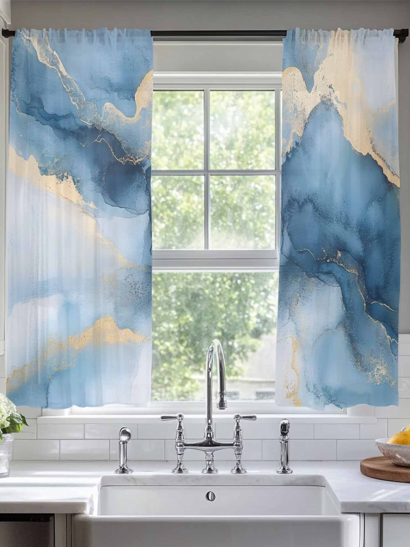Marble Texture Sheer Curtains 63 Inches Long 2 Panels Modern Art Blue ...