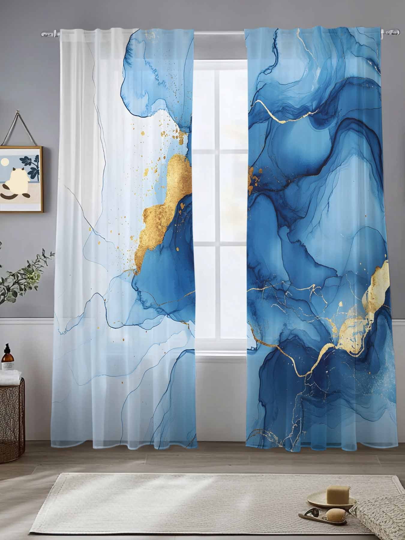 Marble Texture Sheer Curtains 84 Inches Long 2 Panels Modern Art Blue ...