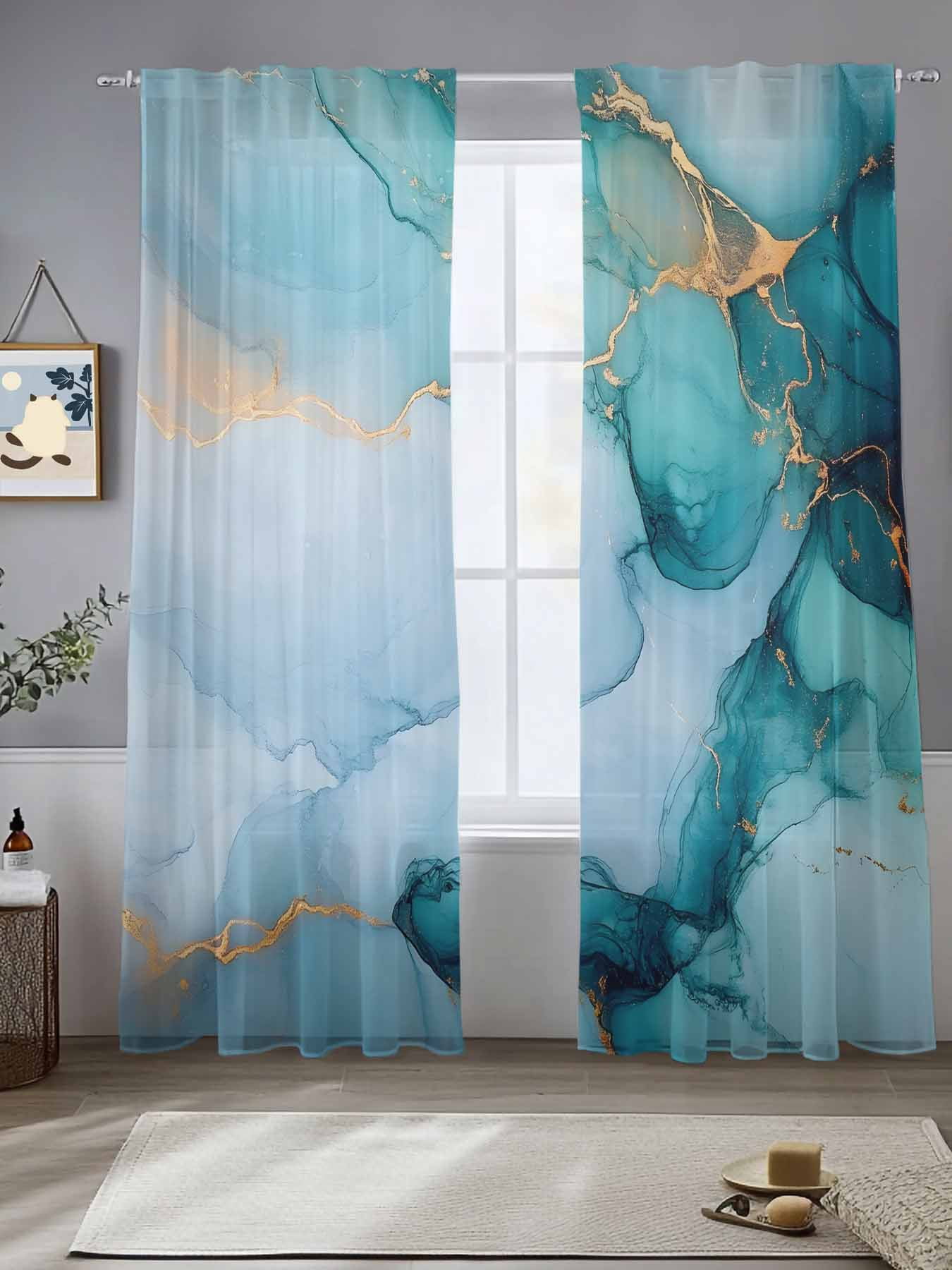 Marble Texture Sheer Curtains 84 Inches Long 2 Panels Teal Blue Gold ...
