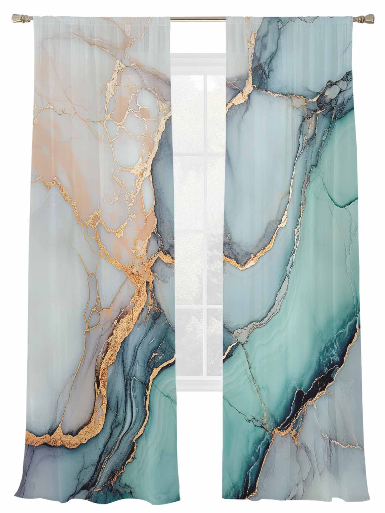 Marble Texture Sheer Curtains 84 inches Long 2 Panels Set Abstract Teal ...