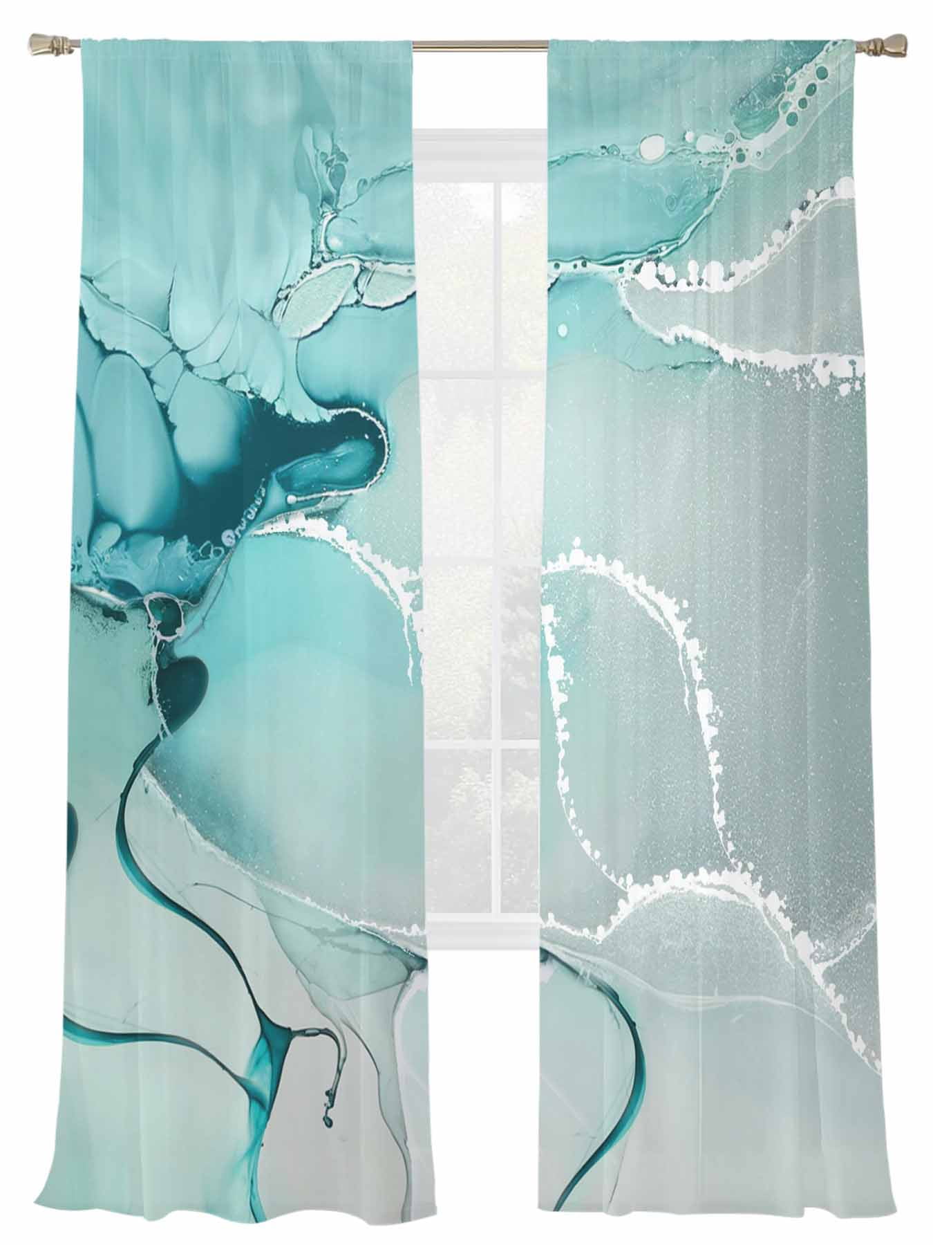 Marble Texture Sheer Curtains 96 Inch Long 2 Panels, Turquoise Marble ...