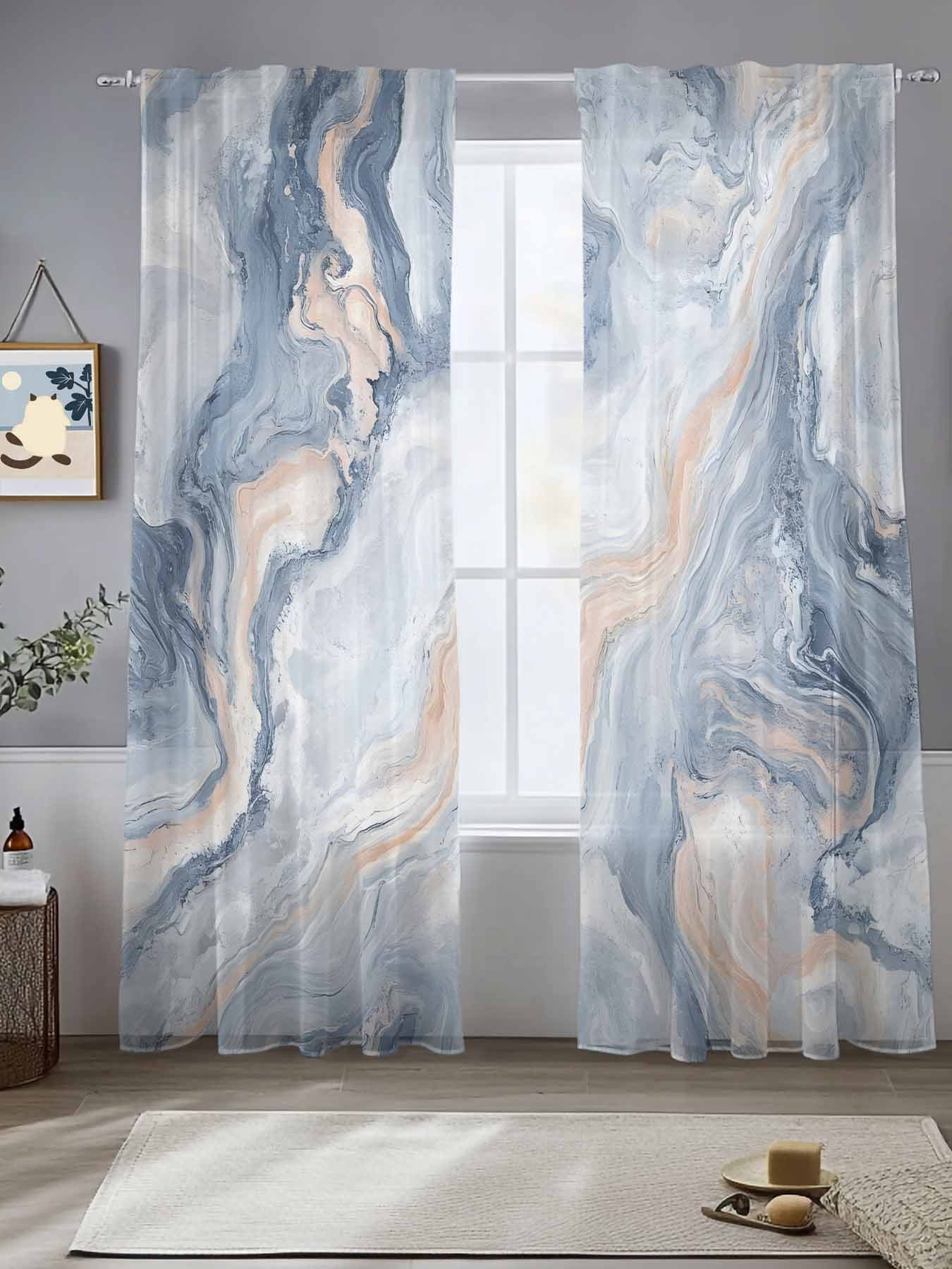 Marble Texture Sheer Curtains 96 Inches Long 2 Panels Elegant Gray Blue ...