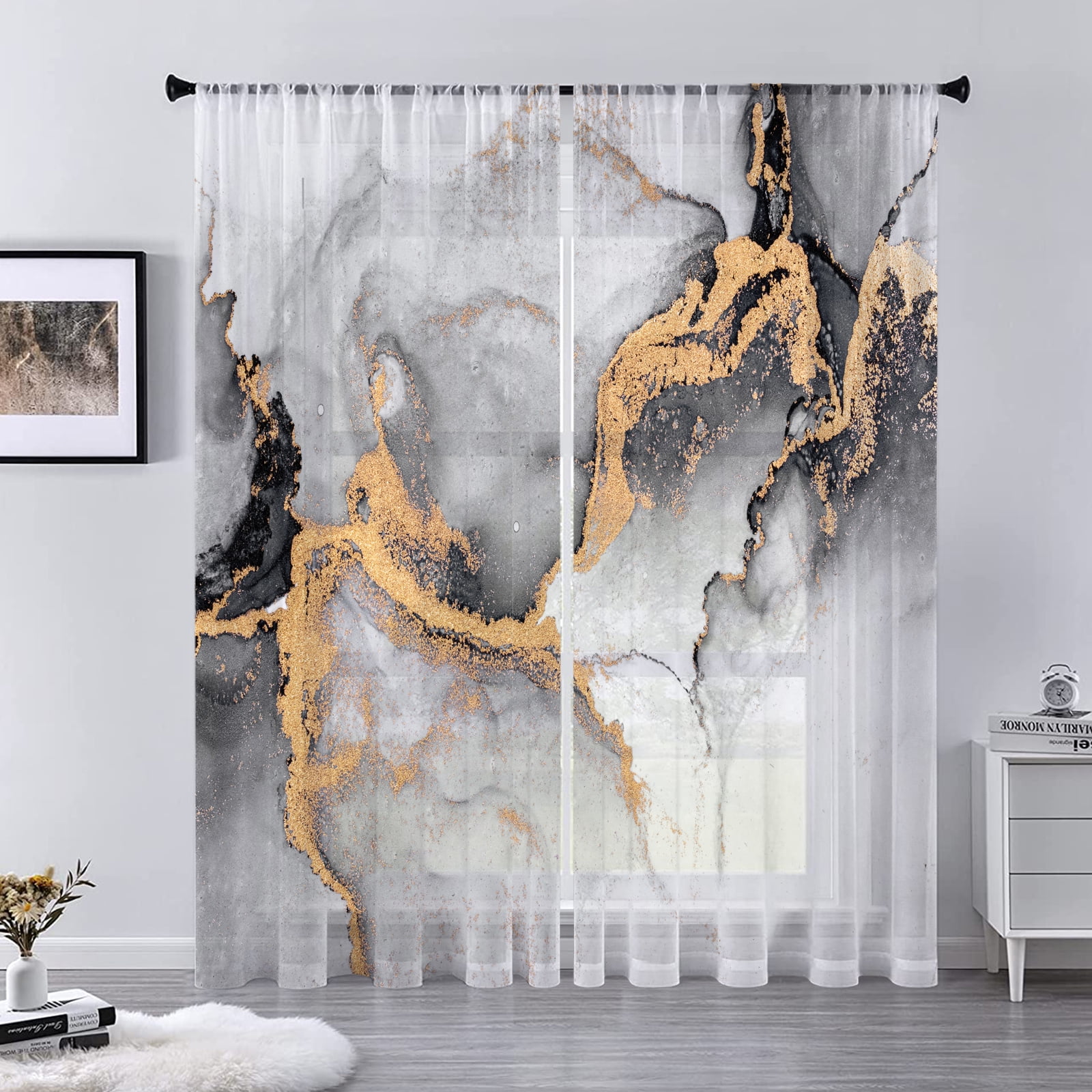 Marble Texture Simple Gradient Tulle Curtains for Living Room Bedroom ...