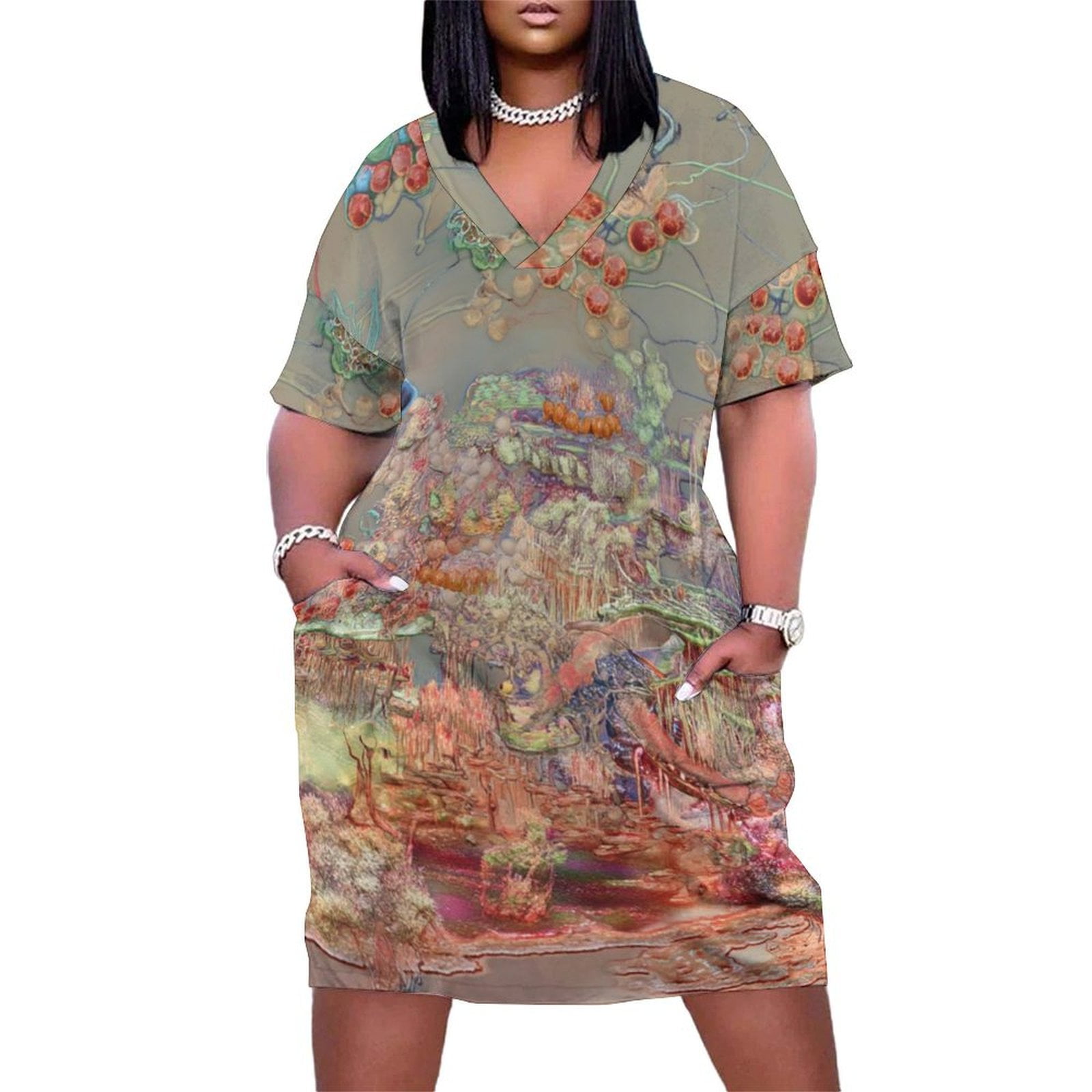 Marble Texture Summer Sundress for Curve Women Casual Pattern Plus Size V Neck Short Sleeve ...