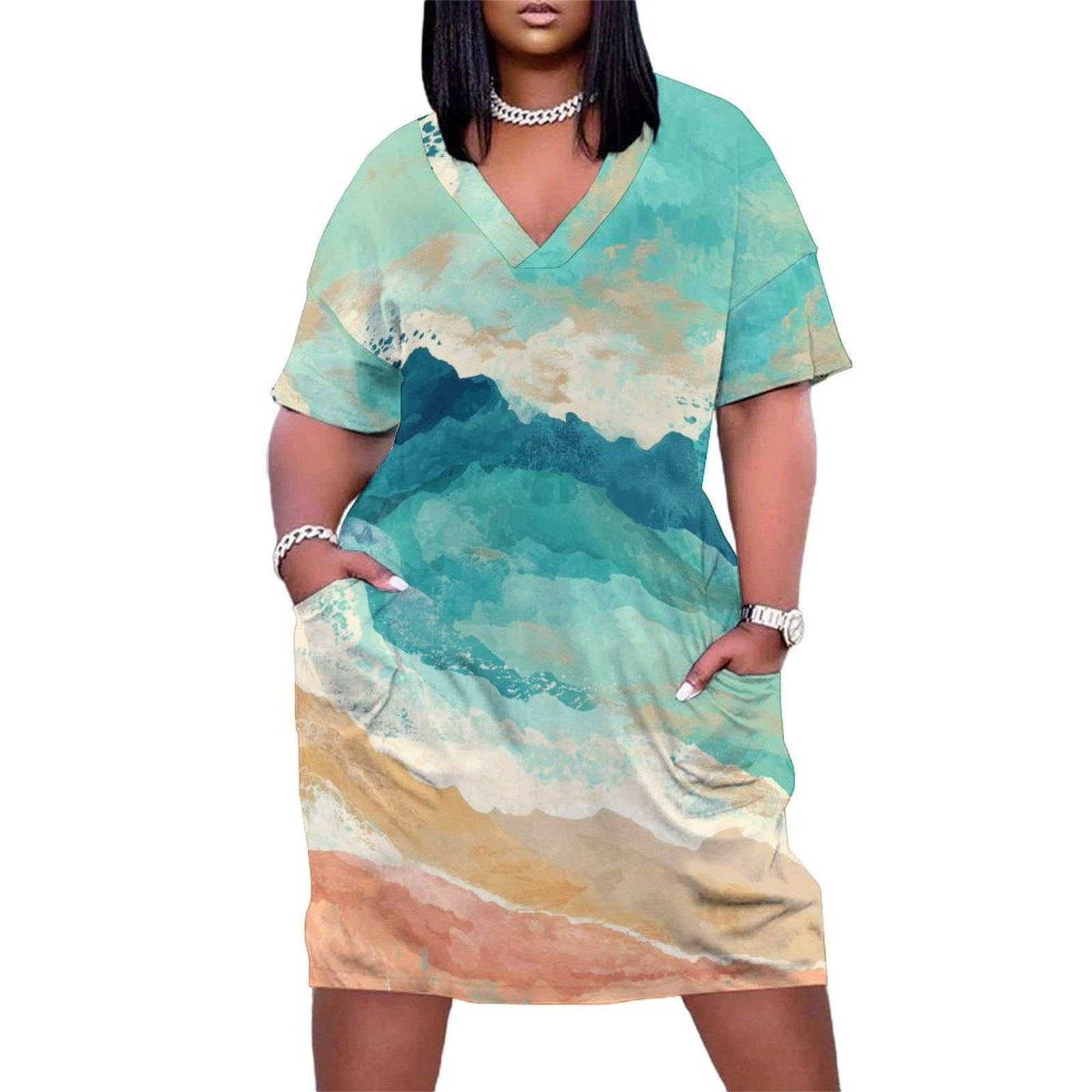 Marble Texture Summer Sundress for Curve Women Casual Pattern Plus Size ...