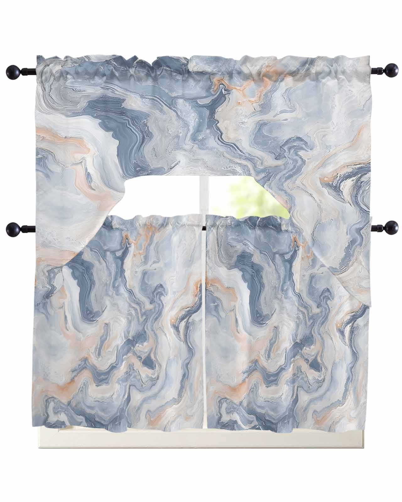 Marble Texture Swag Valance and Tier Curtains Set Elegant Gray Blue ...