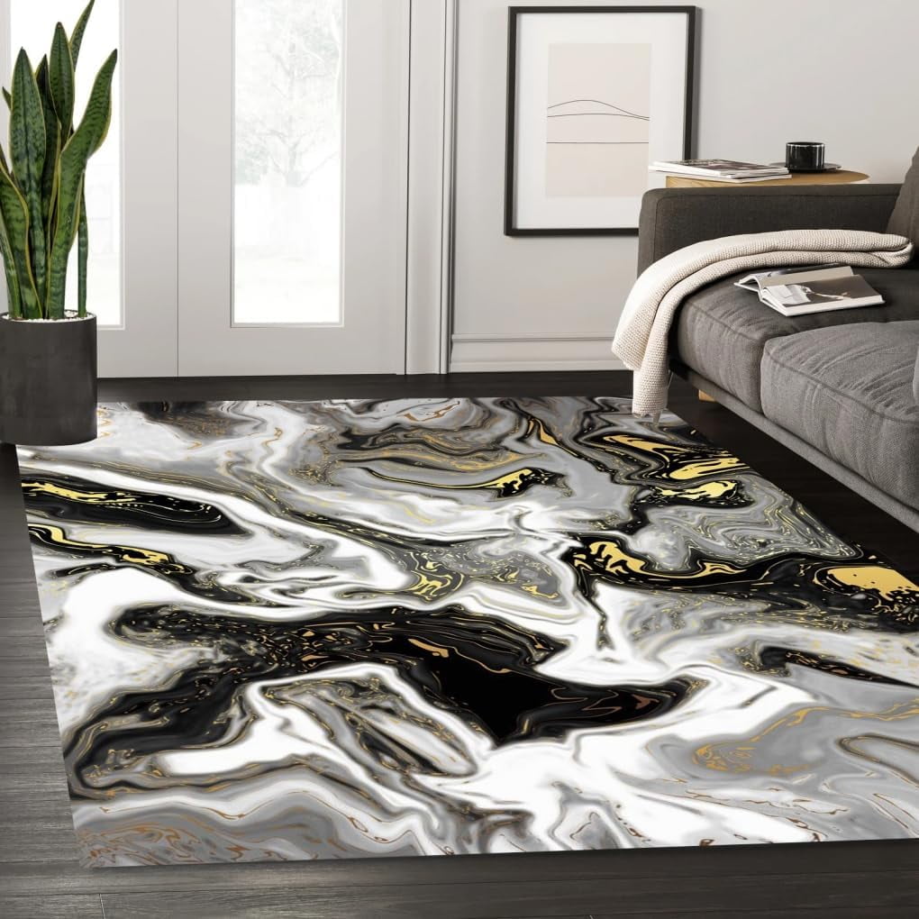 Marble Texture Swirl Pattern Black Grey Gold Modern Abstract Rugs For ...