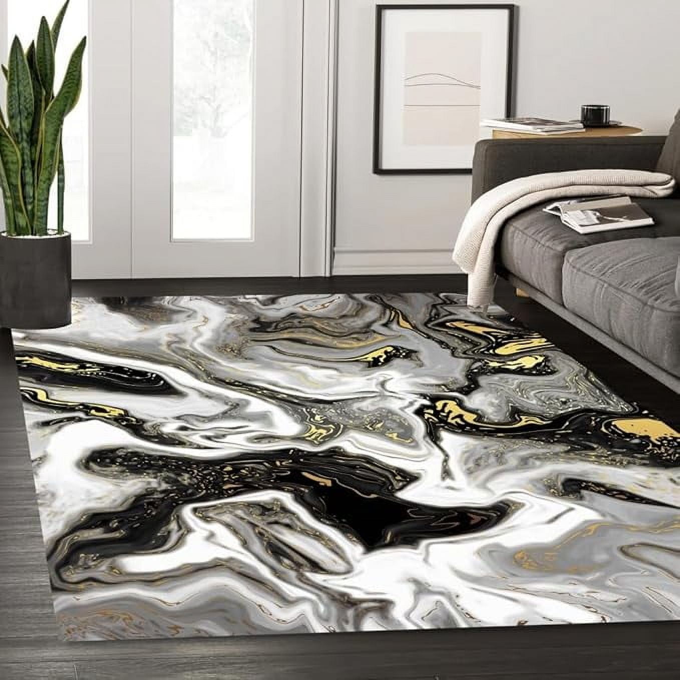 Marble Texture Swirl Pattern Black Grey Gold Modern Abstract Rugs For ...