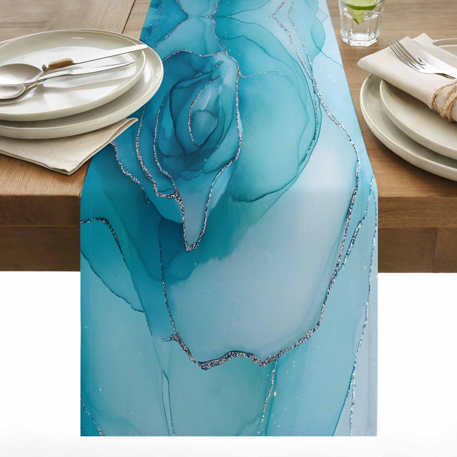 Marble Texture Table Runner 13x60 inch Light Blue Lines Watercolor ...