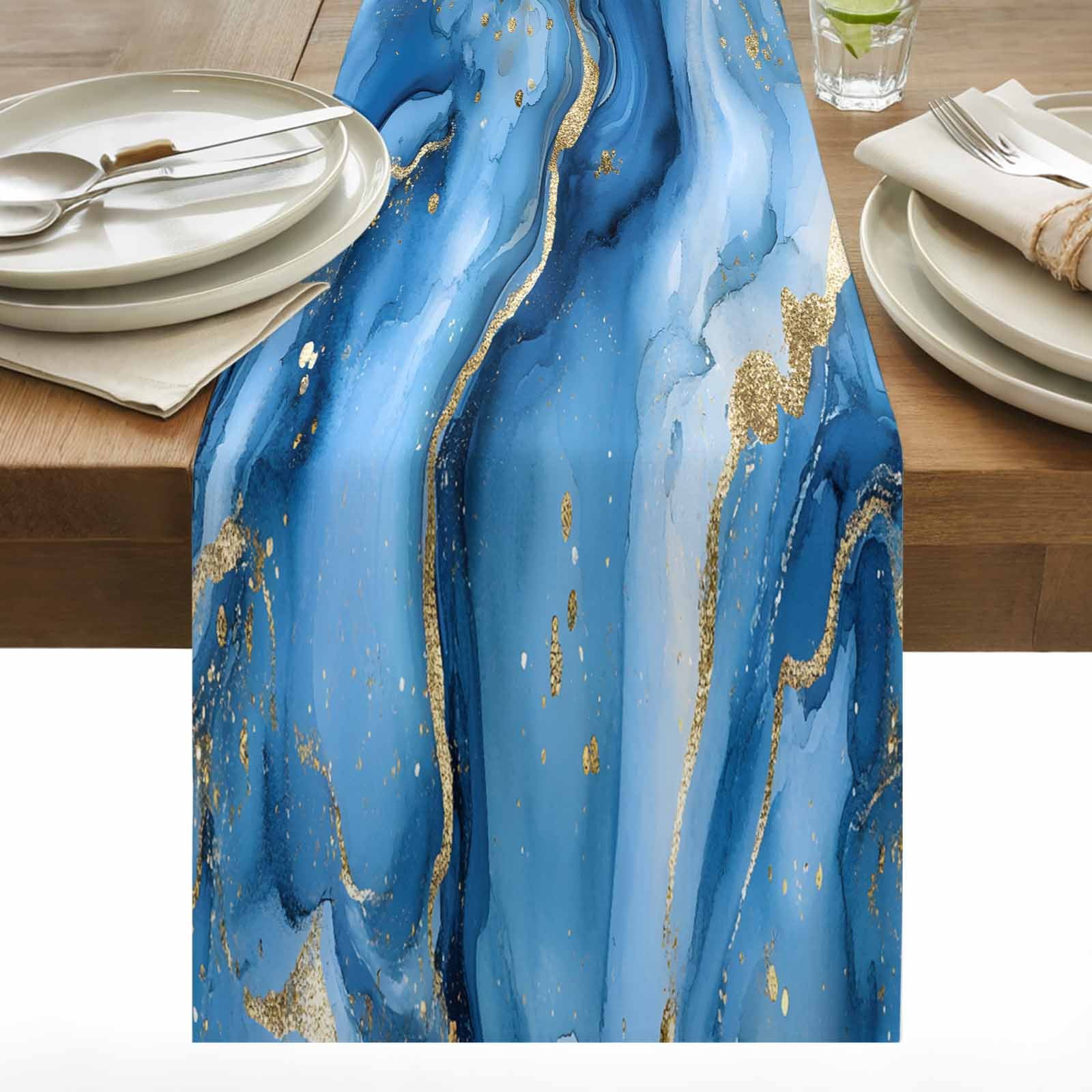 Marble Texture Table Runner 13x90 inch Gold Blue Abstract Gradient Art ...