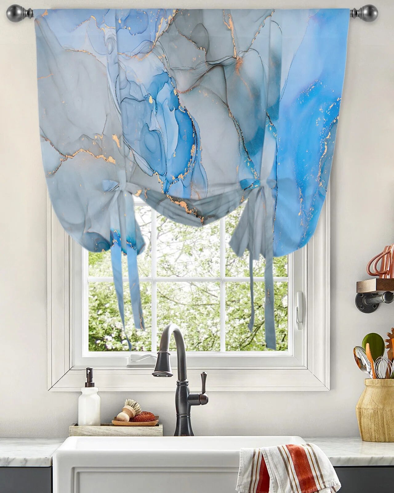 Marble Texture Watercolor Blue Gray Curtains for Living Room Bedroom ...