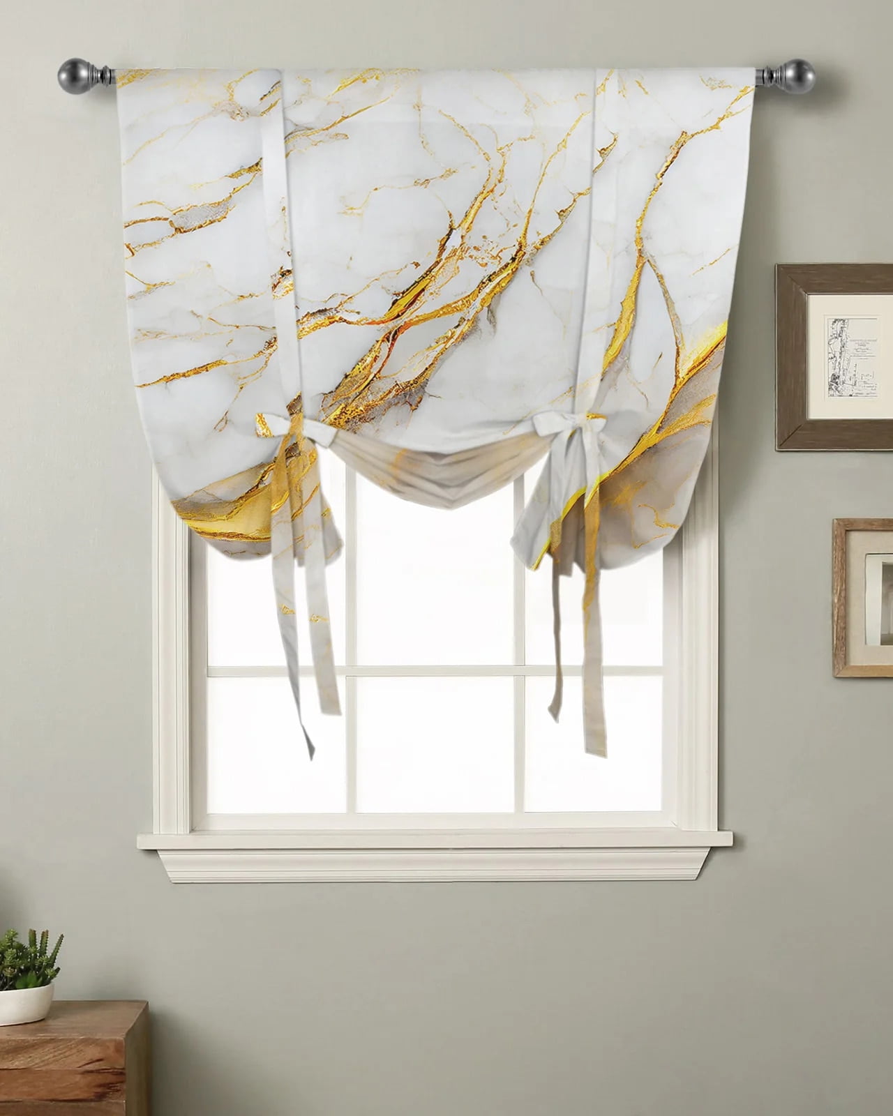 Marble Texture White Kitchen Short Window Curtain Rod Pocket Curtains ...