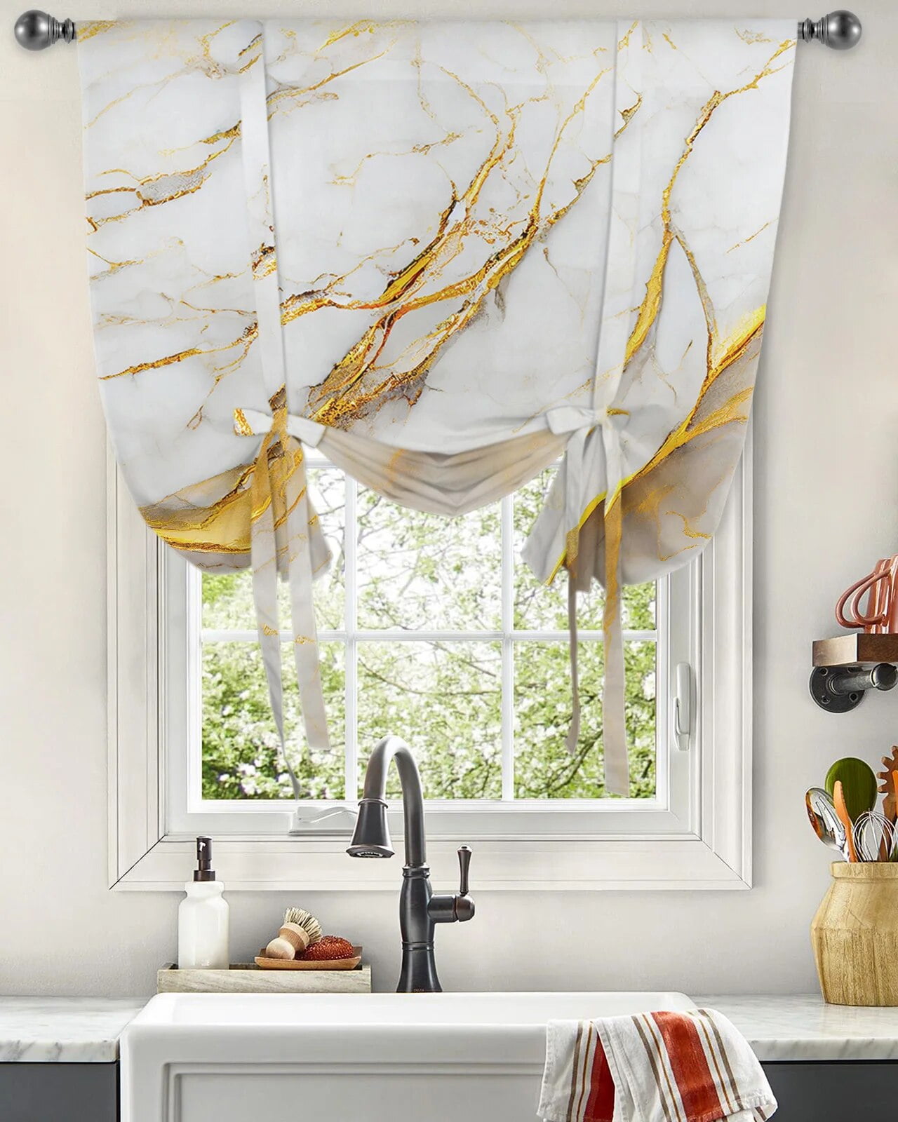 Marble Texture White Window Curtain for Living Room Kitchen Tie-up ...