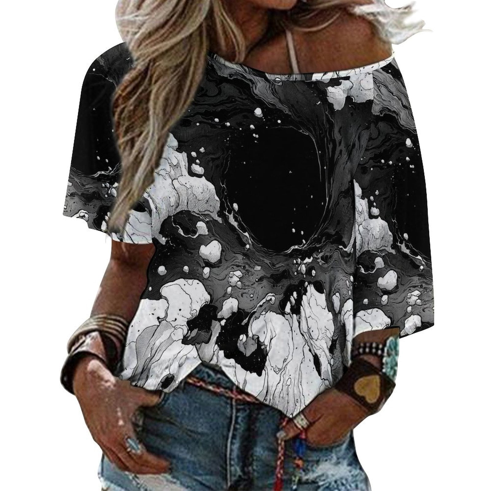 Marble Texture Womens Casual Crew Neck Short Sleeve Pleated Tops ...