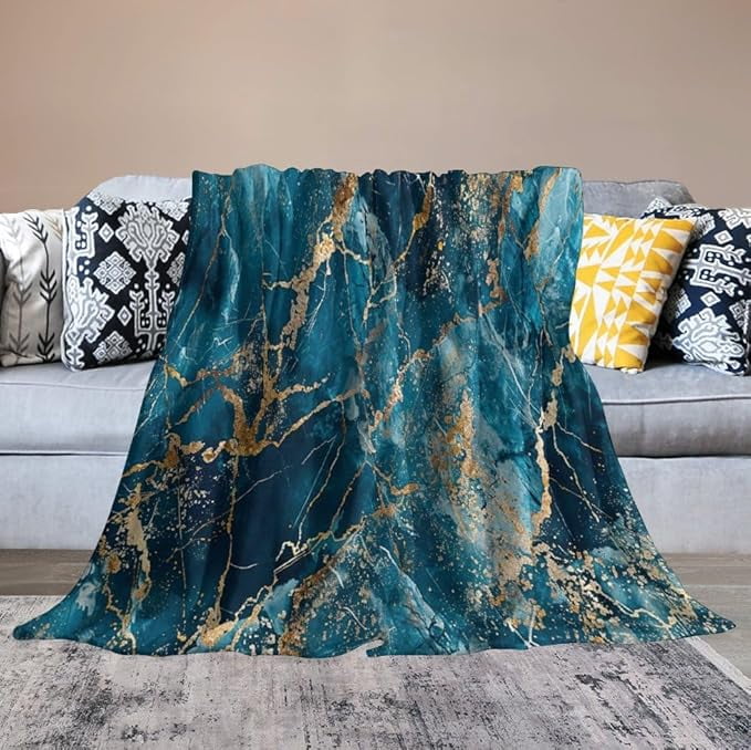 Marble Throw Blanket, Abstract Modern Foil Stone Texture Blue Gold ...