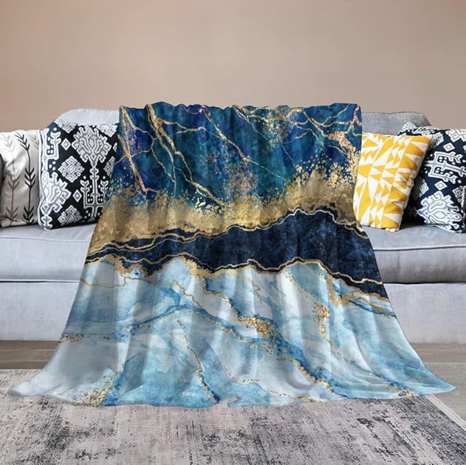 Marble Throw Blanket, Modern Abstract Foil Texture White Blue Gold ...