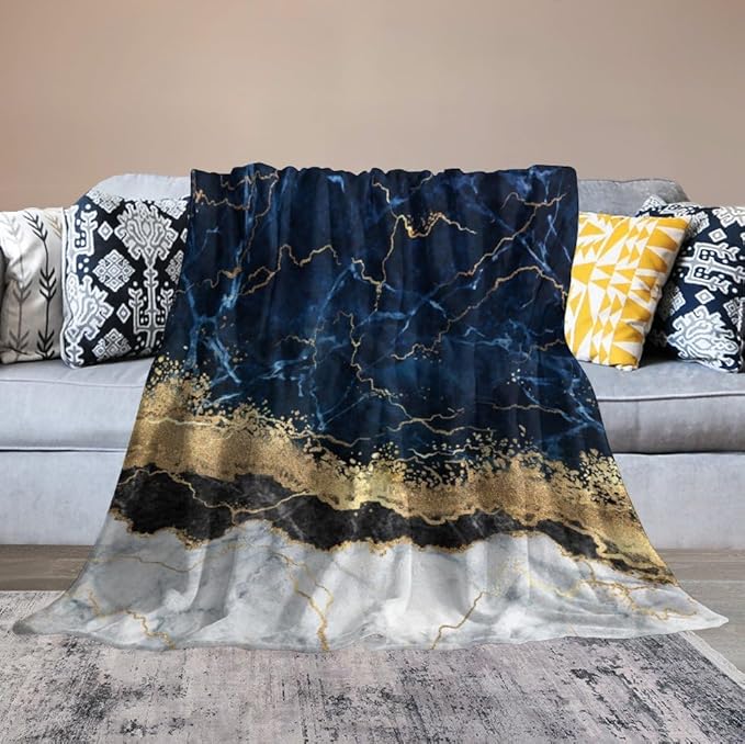 Marble Throw Blanket, Modern Luxury Foil Cracked Texture Navy Blue Gold ...