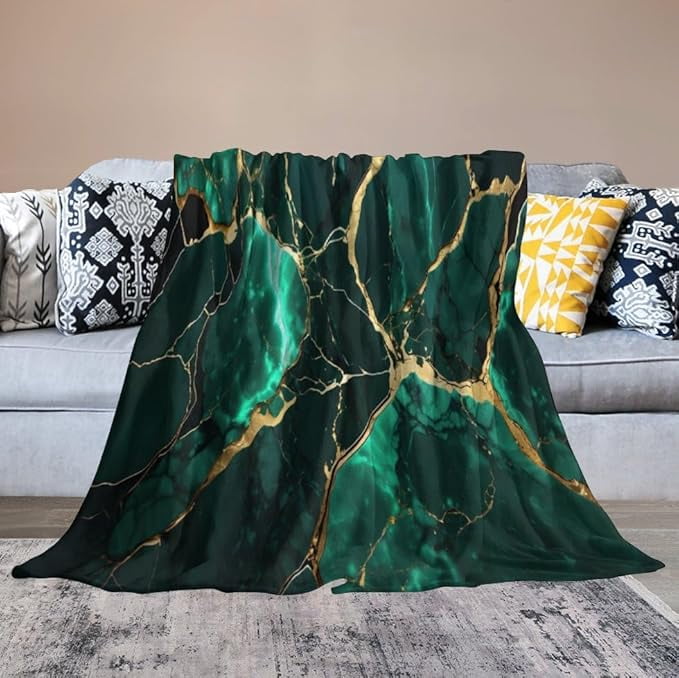 Marble Throw Blanket, Modern Luxury Foil Texture Green White Gold ...