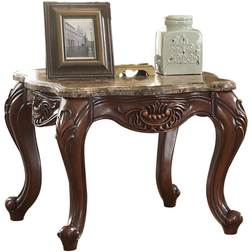 Marble Top End Table With Motif Engraved Angular Wood Feet Brown ...