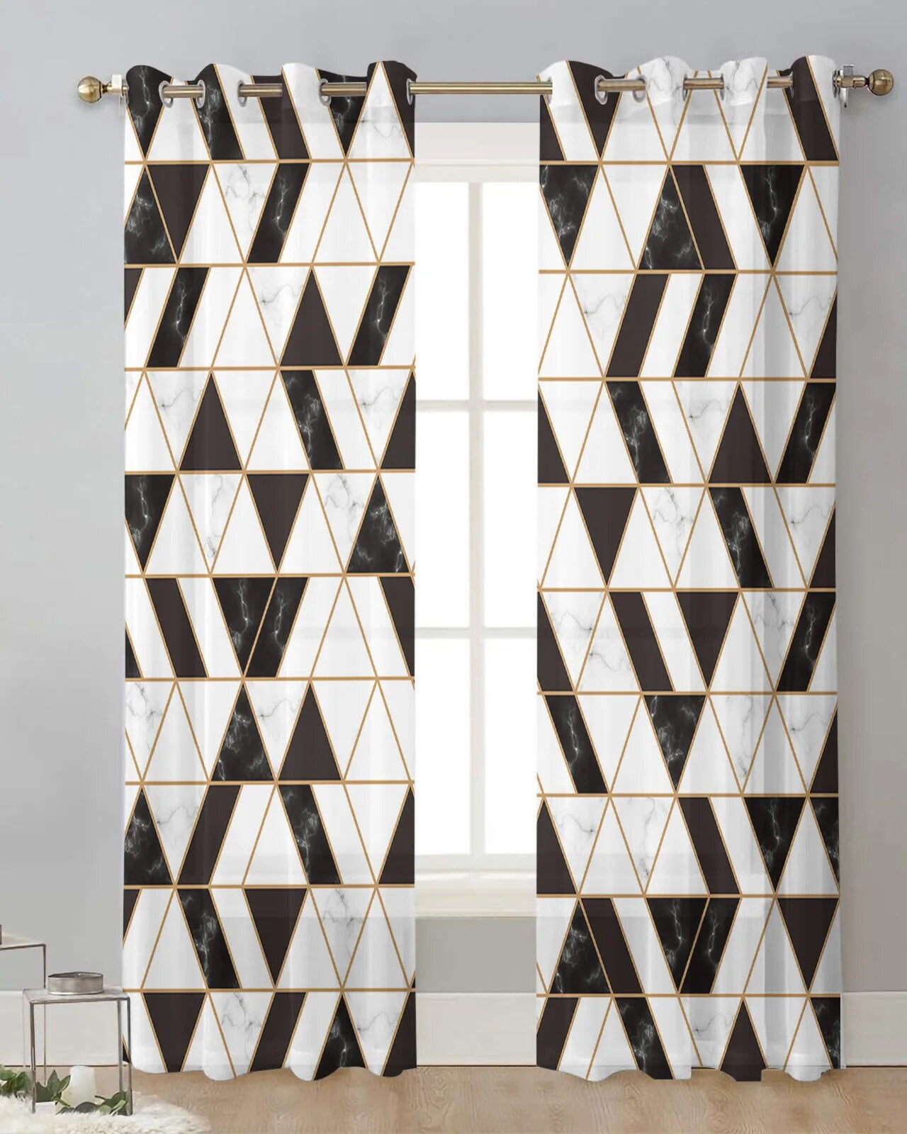 Marble Triangle Polygon Line Black Voile Hanging Curtain Living Room ...