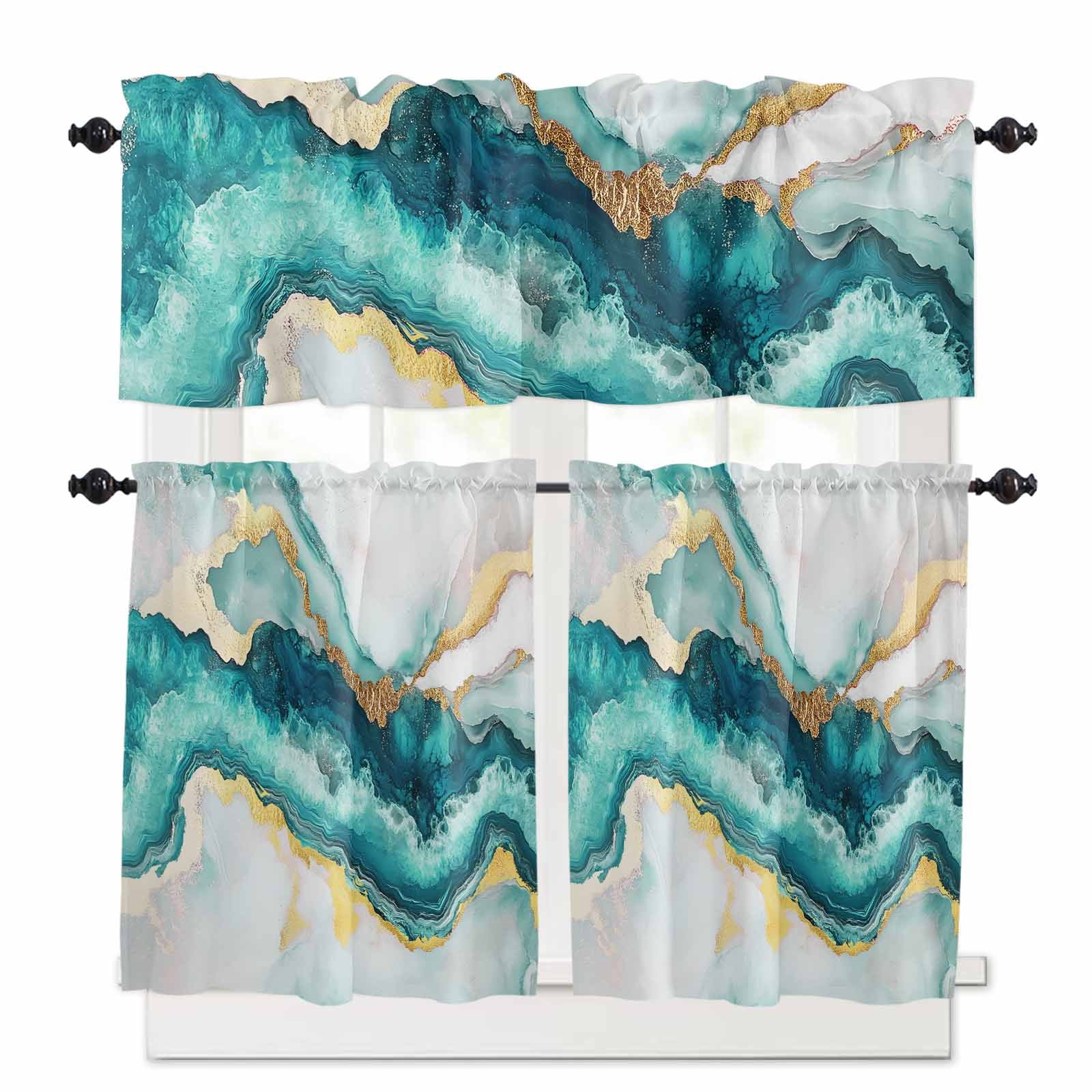 Marble Turquoise Kitchen Curtains Set for Windows 3 Pieces,24 Inch ...