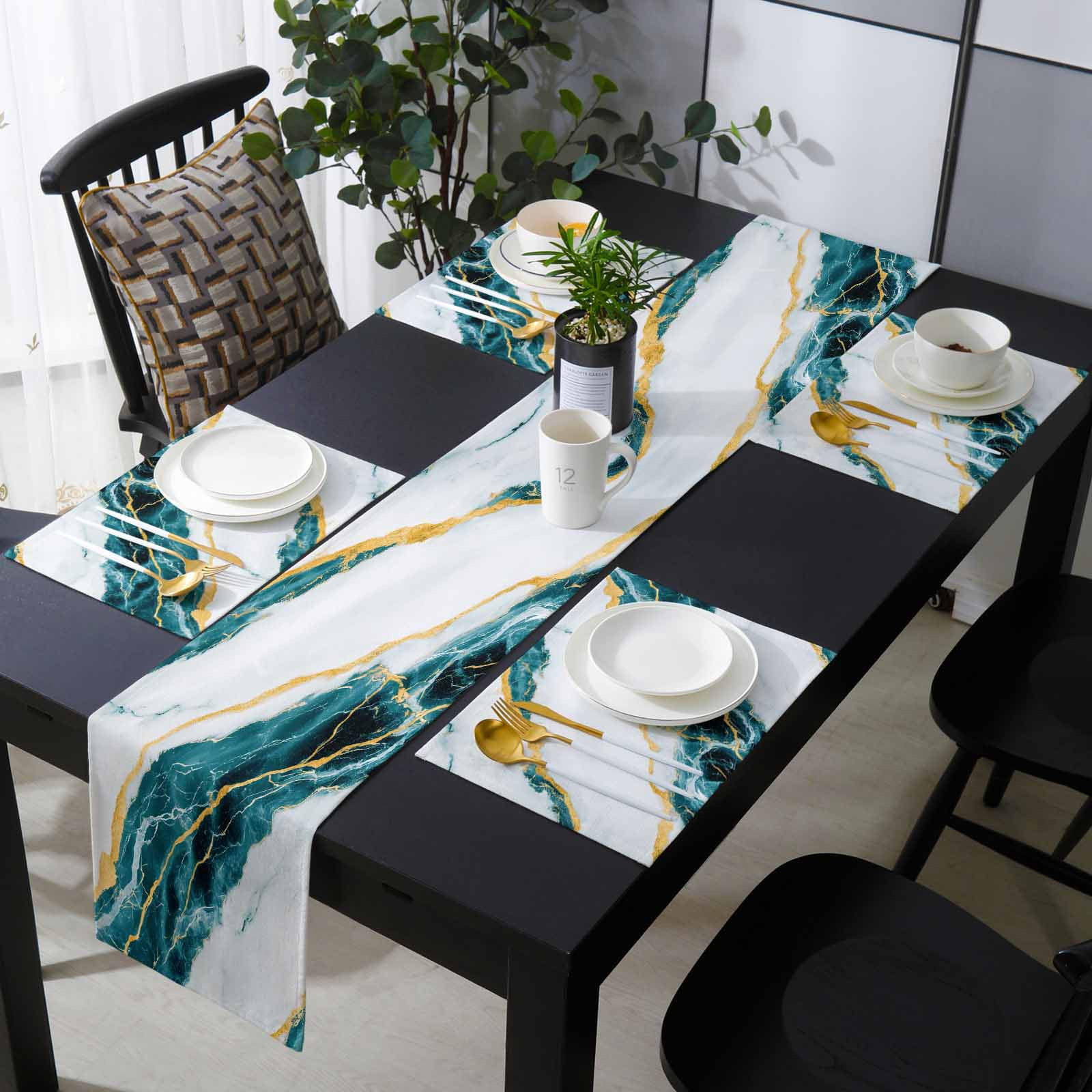 Marble Turquoise Placemats Set of 6 with 90 Inches Long Table Runners ...